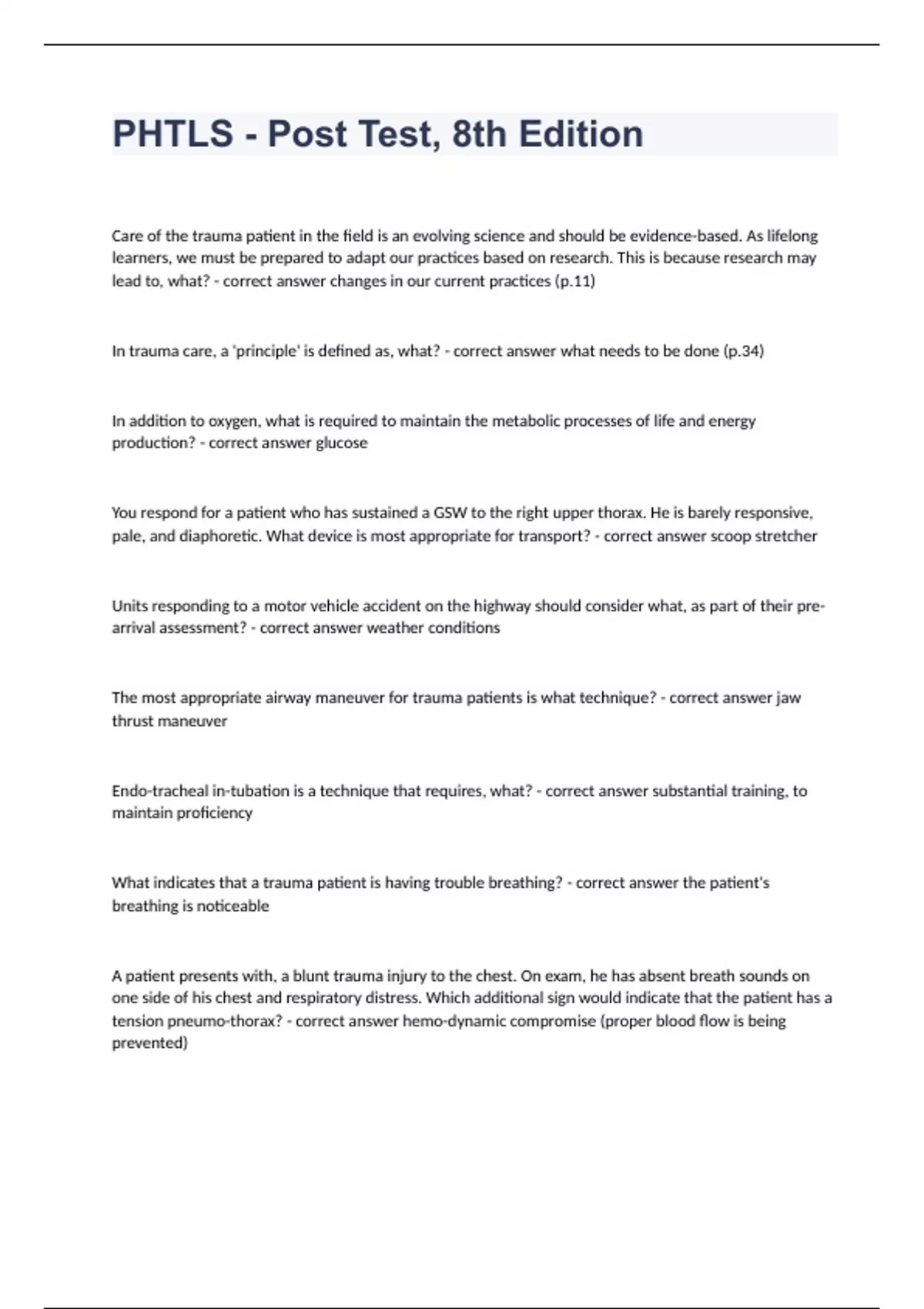 PHTLS - Post Test, 8th Edition fully solved 2023 - PHTLS - Stuvia UK