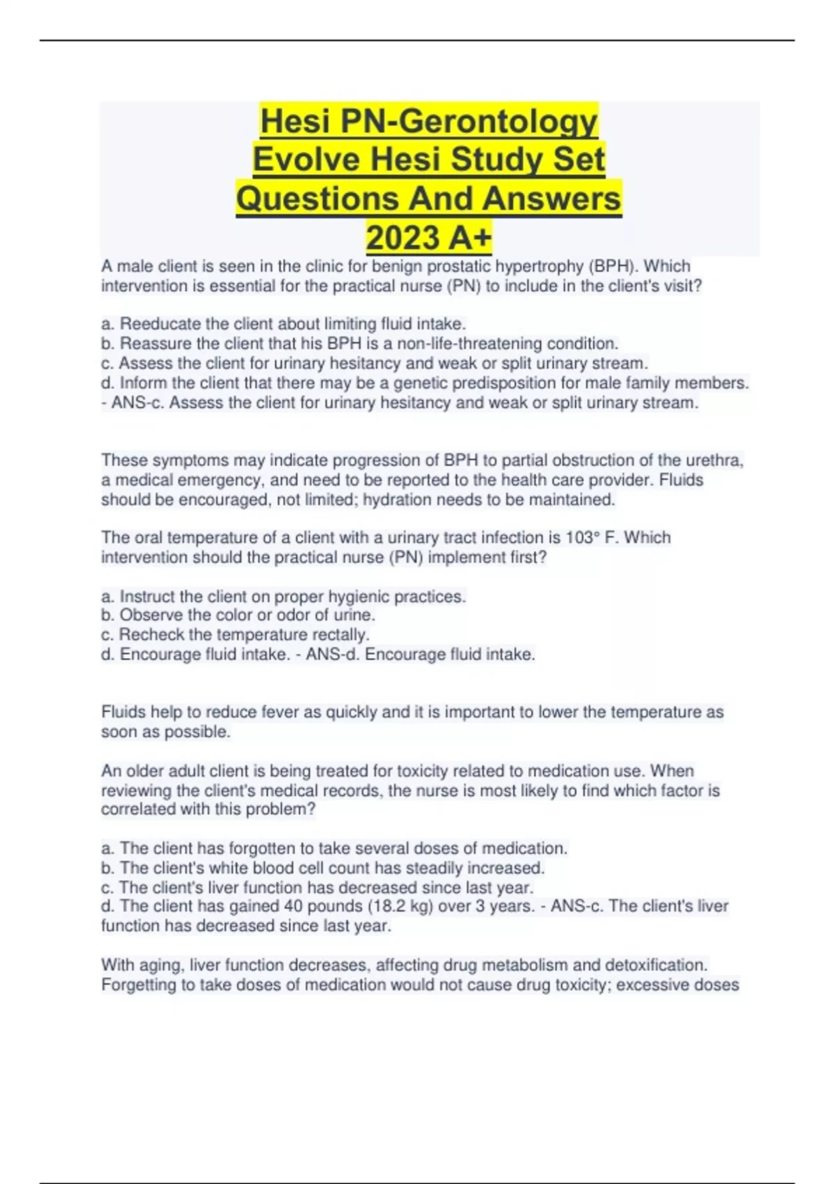 Hesi PN-Gerontology Evolve Hesi Study Set Questions And Answers 2023 A+ ...