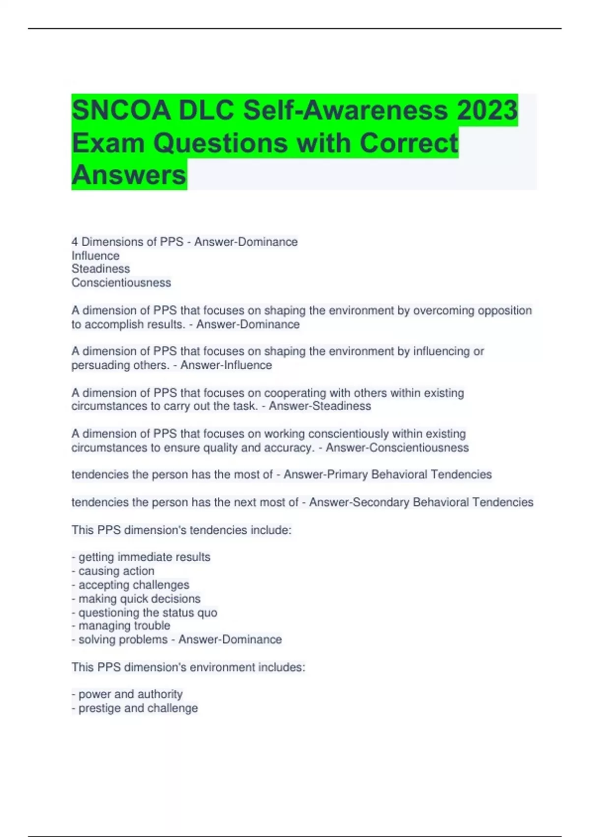 SNCOA DLC Self-Awareness 2023 Exam Questions with Correct Answers ...