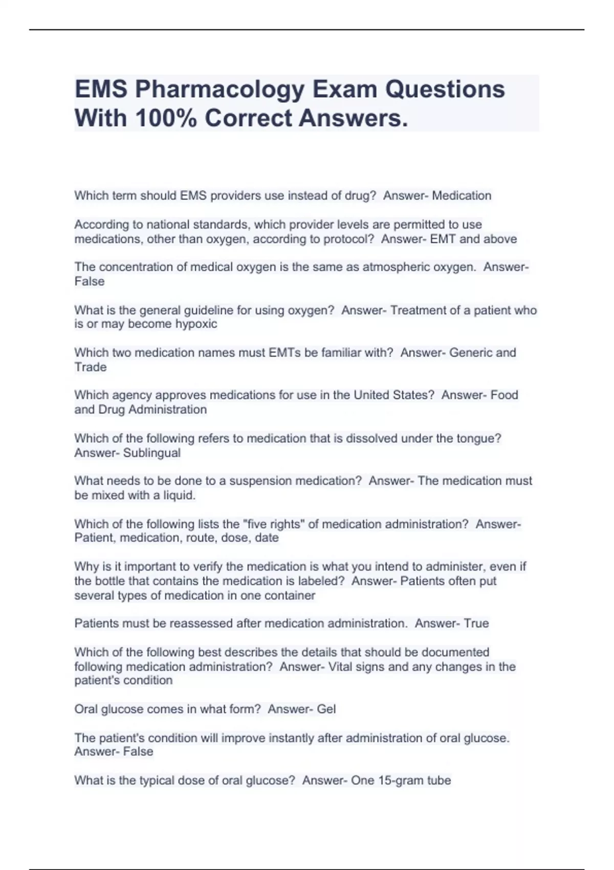 EMS Pharmacology Exam Questions With 100% Correct Answers. - EMS ...