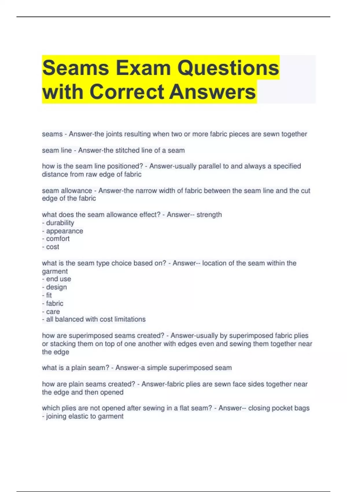 Bundle For Seams Exam Questions with Correct Answers - Stuvia US