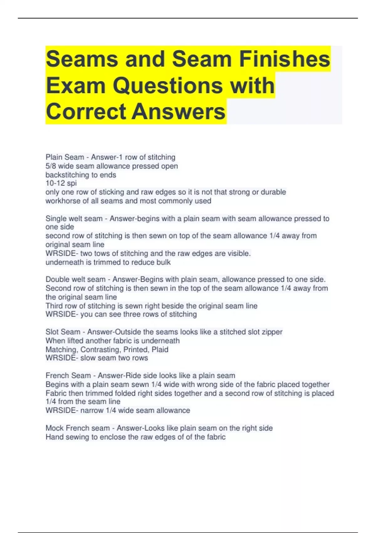 Seams and Seam Finishes Exam Questions with Correct Answers - Seams and ...
