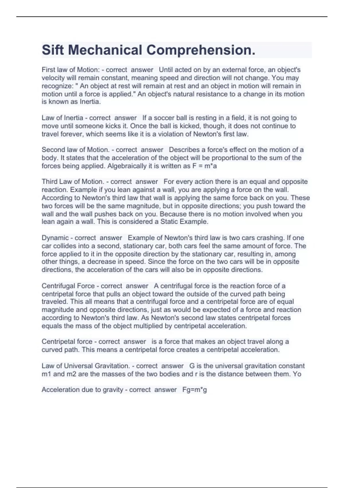 Sift Mechanical Comprehension Question and answers 100% correct 2023 ...