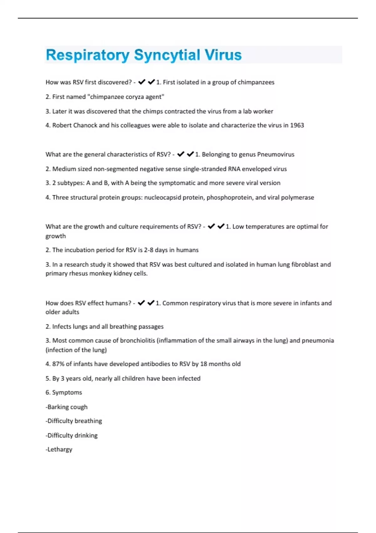 Respiratory Syncytial Virus Questions With 100% Correct Answers ...