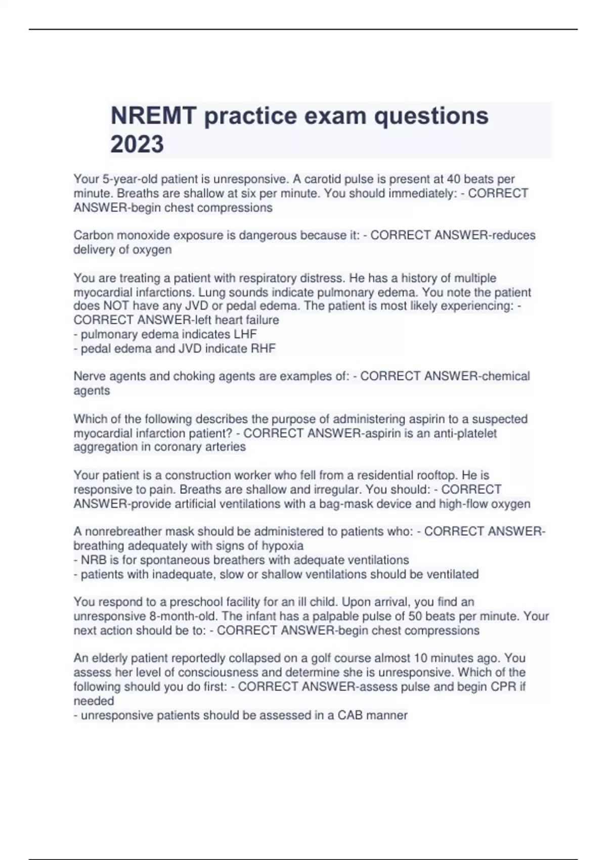 NREMT practice exam questions 2023 - NREMT - Stuvia US