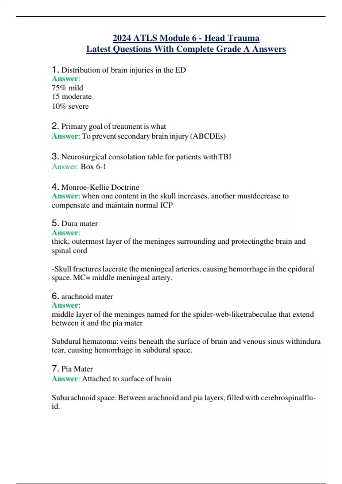 2024 ATLS Module 6 - Head Trauma Latest Questions With Complete Grade A ...