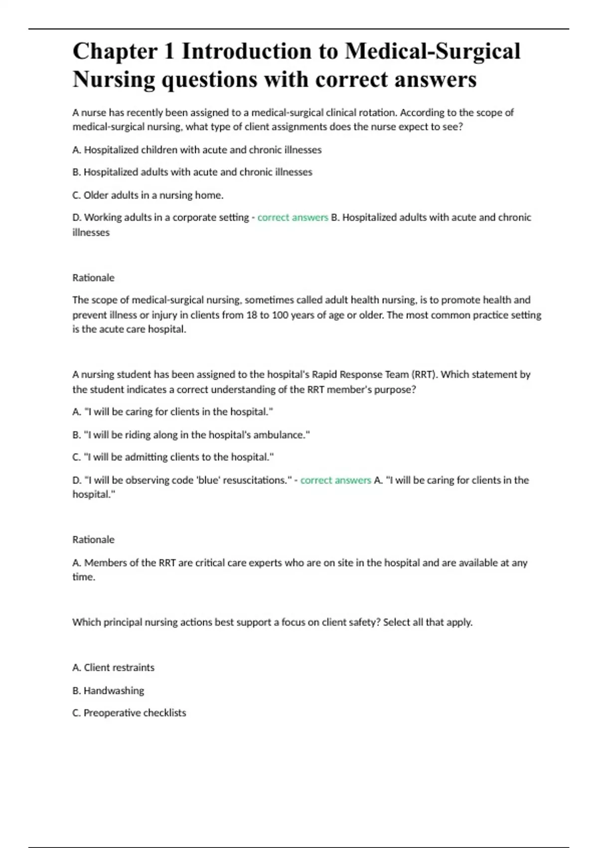 Chapter 1 Introduction to Medical-Surgical Nursing questions with ...