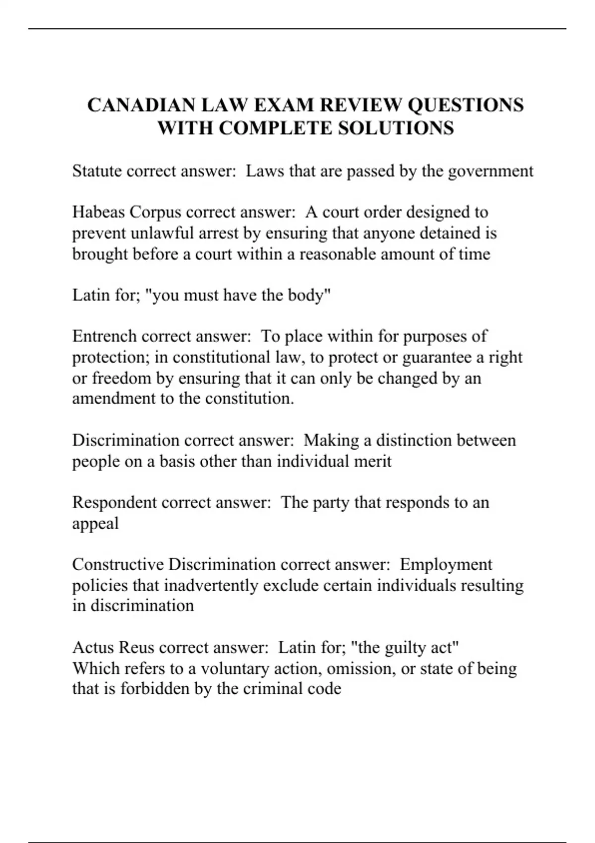 CANADIAN LAW EXAM REVIEW QUESTIONS WITH COMPLETE SOLUTIONS - CANADIAN ...