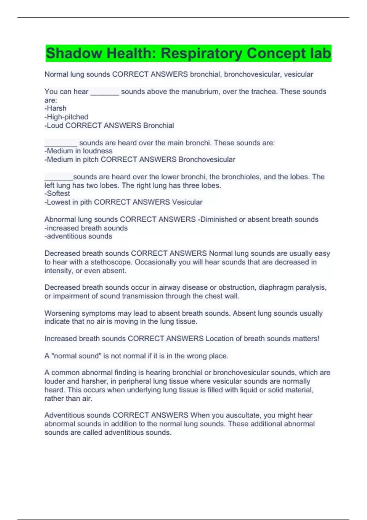 Shadow Health: Respiratory Concept lab - Shadow Health Respiratory ...