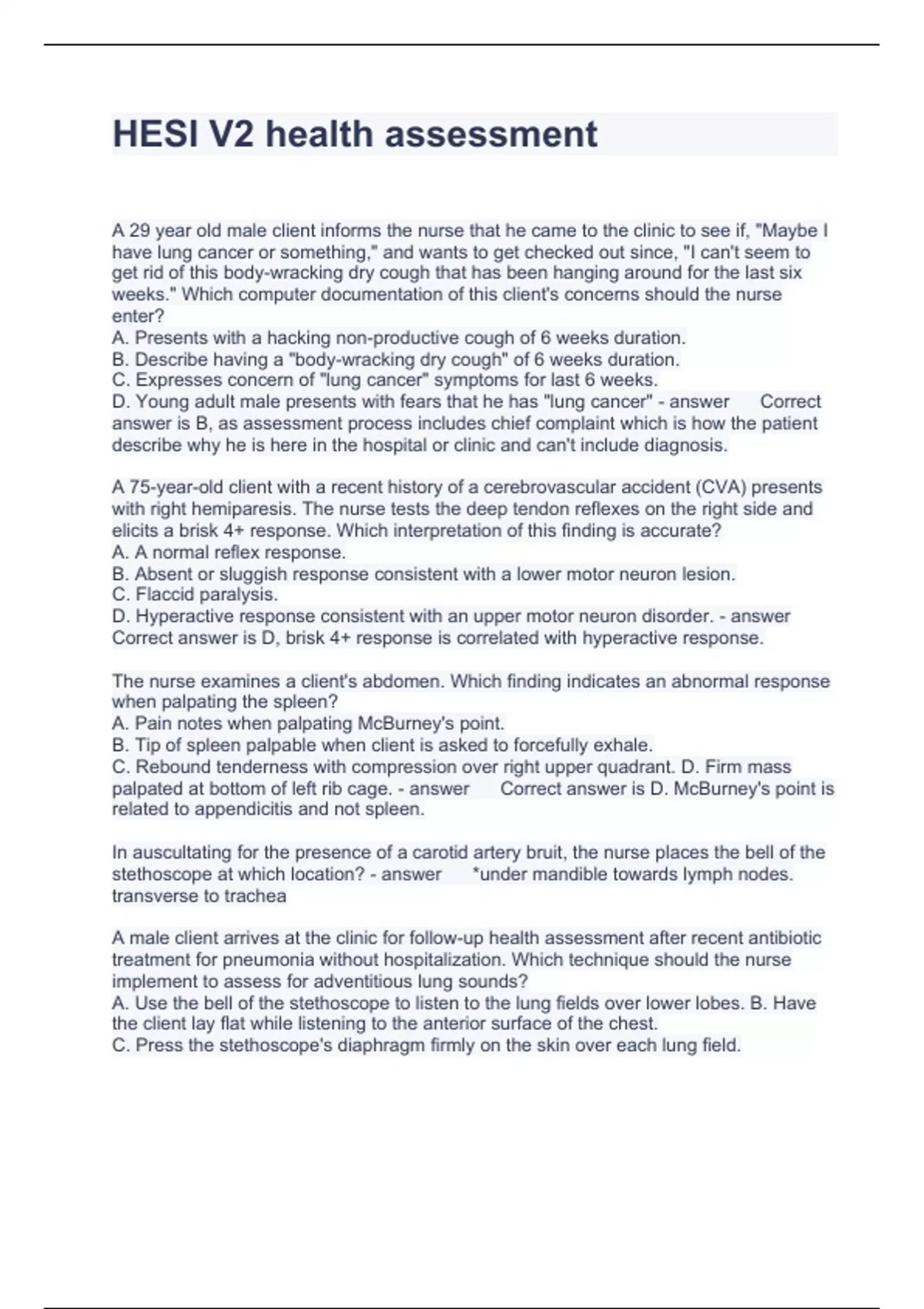 HESI V2 health assessment Questions with correct Answers 2023 - HESI ...