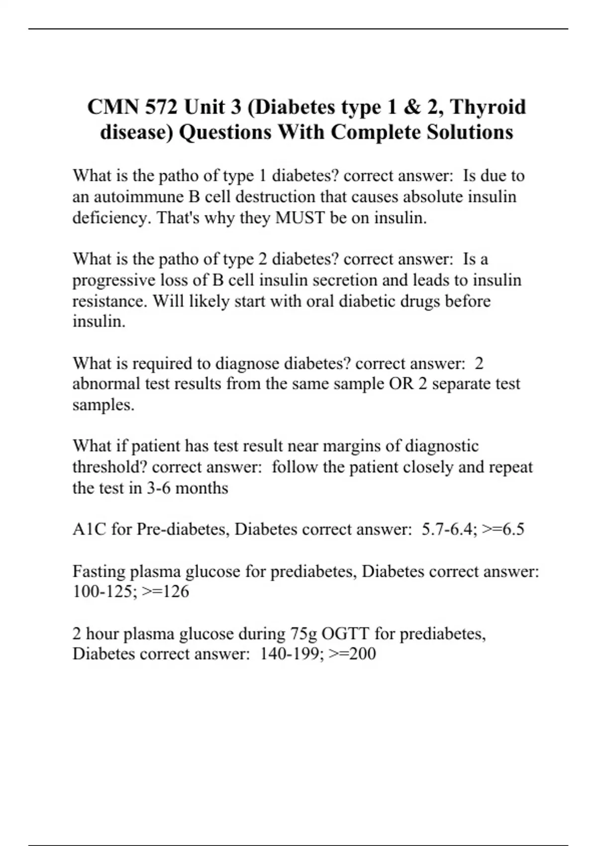 CMN 572 Unit 3 (Diabetes type 1 & 2, Thyroid disease) Questions With ...