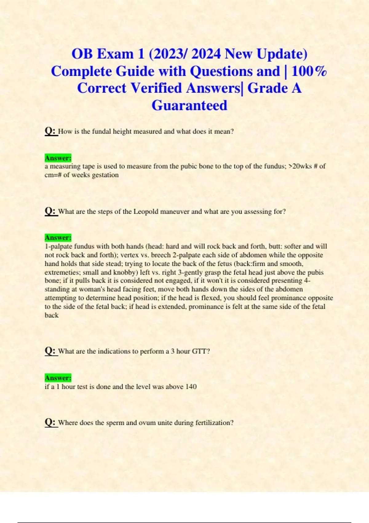 OB Exam 1 & 2 (2023/ 2024 New Updates STUDY BUNDLE) Complete Guide with ...