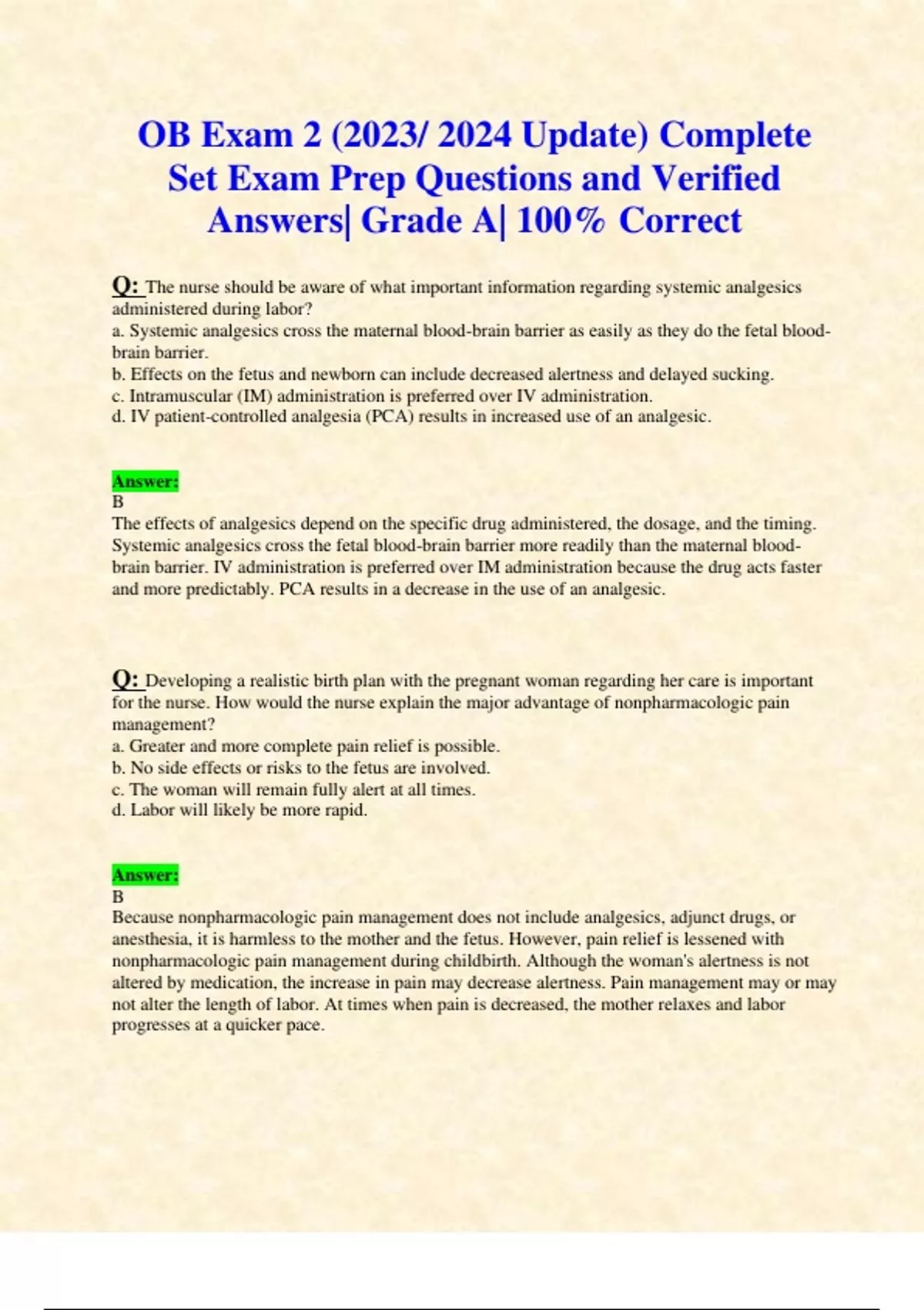 OB Exam 2 (2023/ 2024 Update) Complete Set Exam Prep Questions and ...