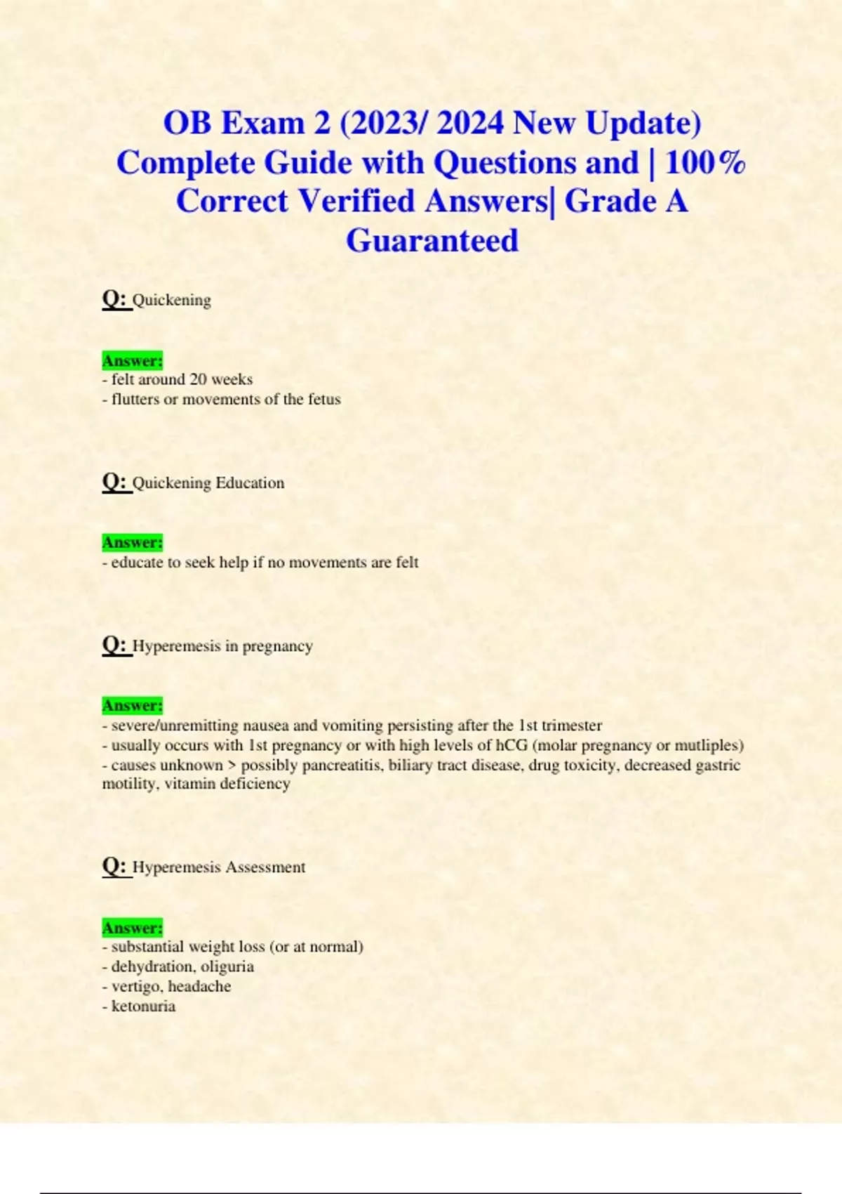 OB Exam 2 (2023/ 2024 New Update) Complete Guide with Questions and ...