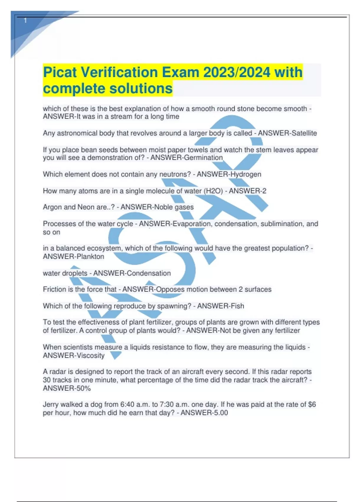 Picat Verification Exam 2023/2024 with complete solutions - Picat - Stuvia US