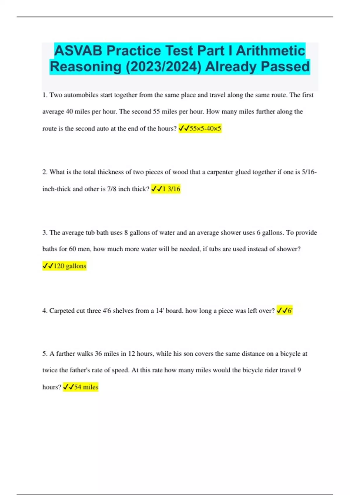 ASVAB Practice Test Part I Arithmetic Reasoning (2023/2024) Already ...
