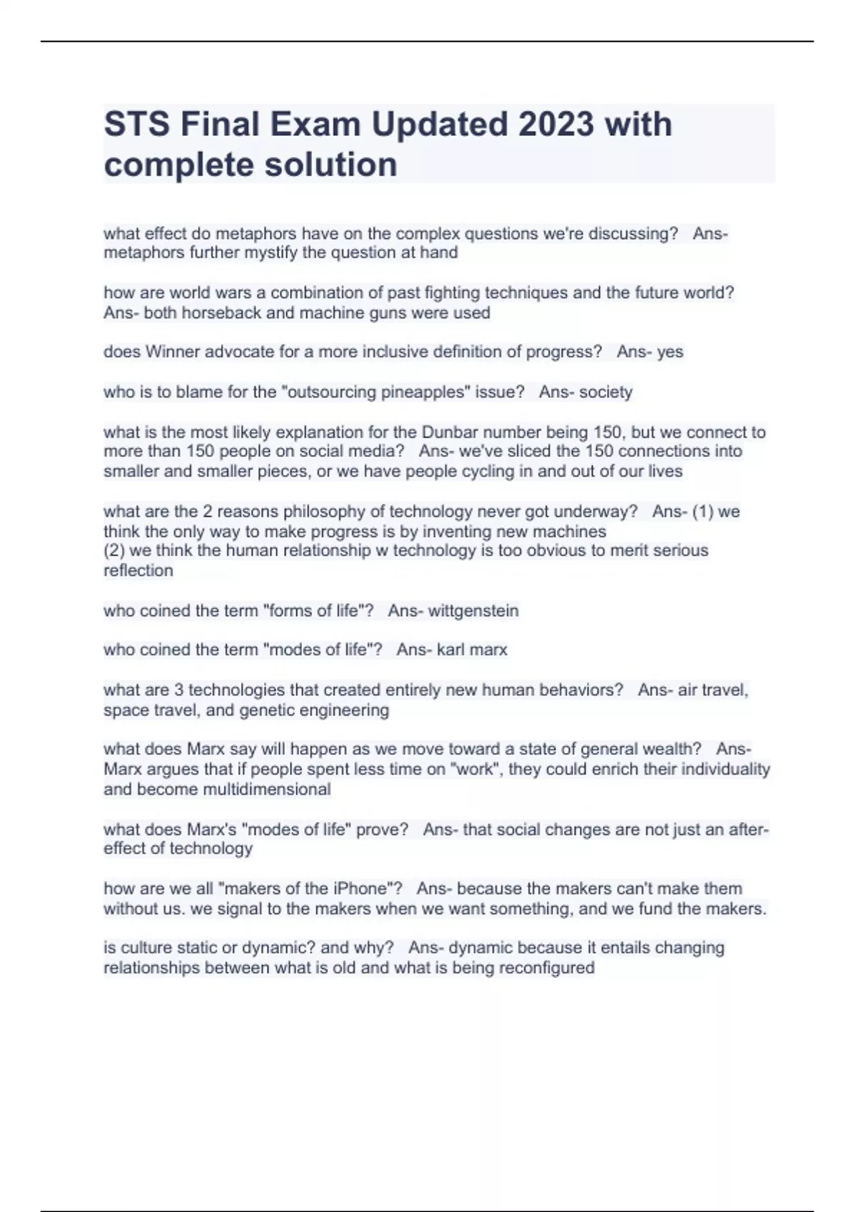 STS Final Exam Updated 2023 with complete solution - STS - Stuvia US