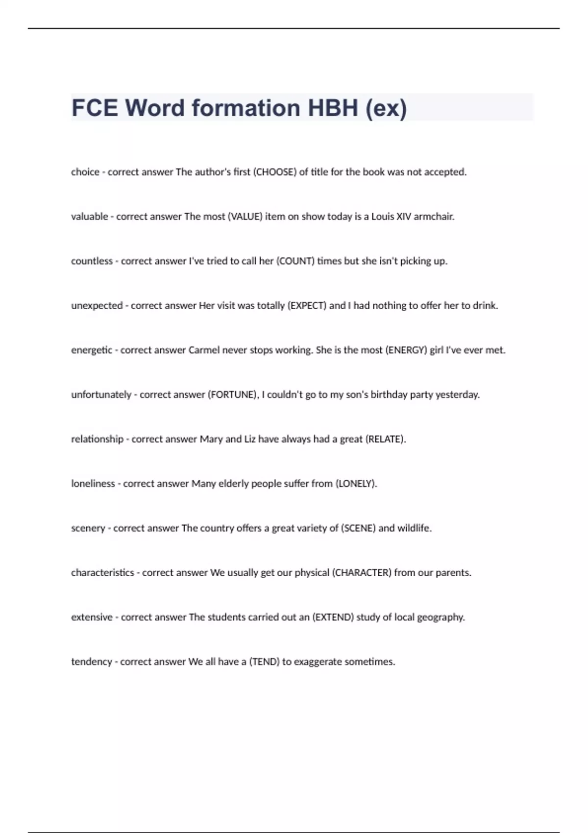 FCE Word formation HBH exam questions 2023 with verified correct ...