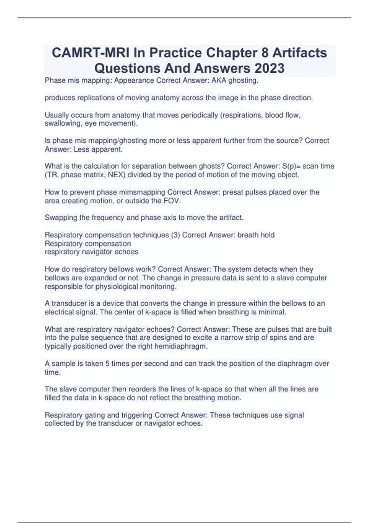 CAMRT-MRI In Practice Chapter 8 Artifacts Questions And Answers 2023 ...