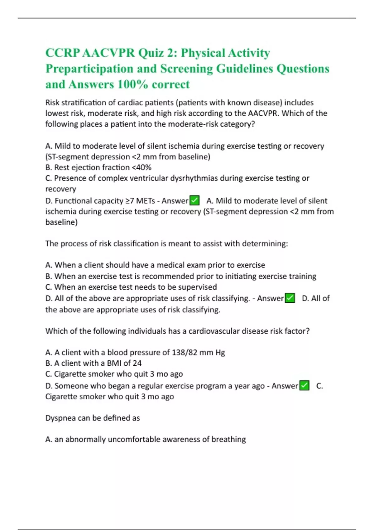 CCRP AACVPR Quiz 2: Physical Activity Preparticipation and Screening Guidelines Questions and ...