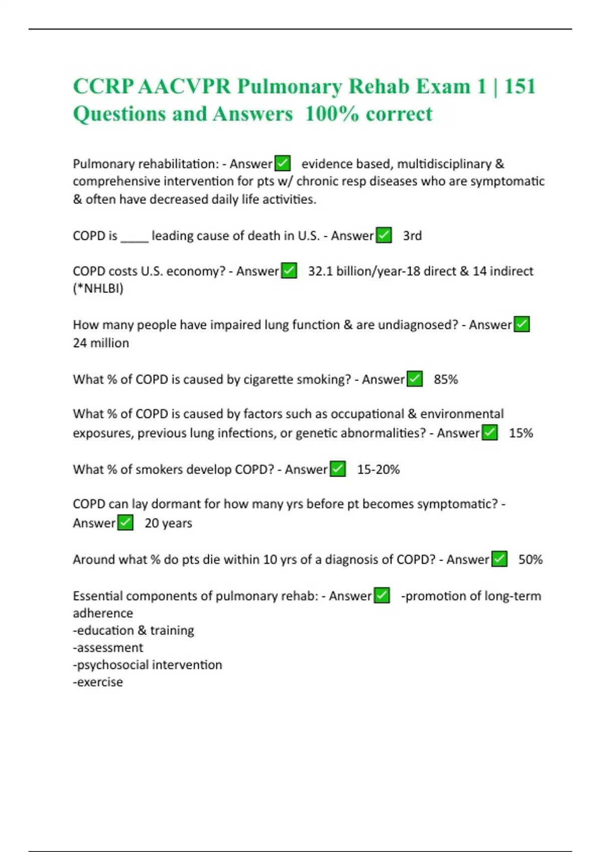 CCRP AACVPR Pulmonary Rehab Exam 1 | 151 Questions and Answers 100% correct - CCRP AACVPR ...