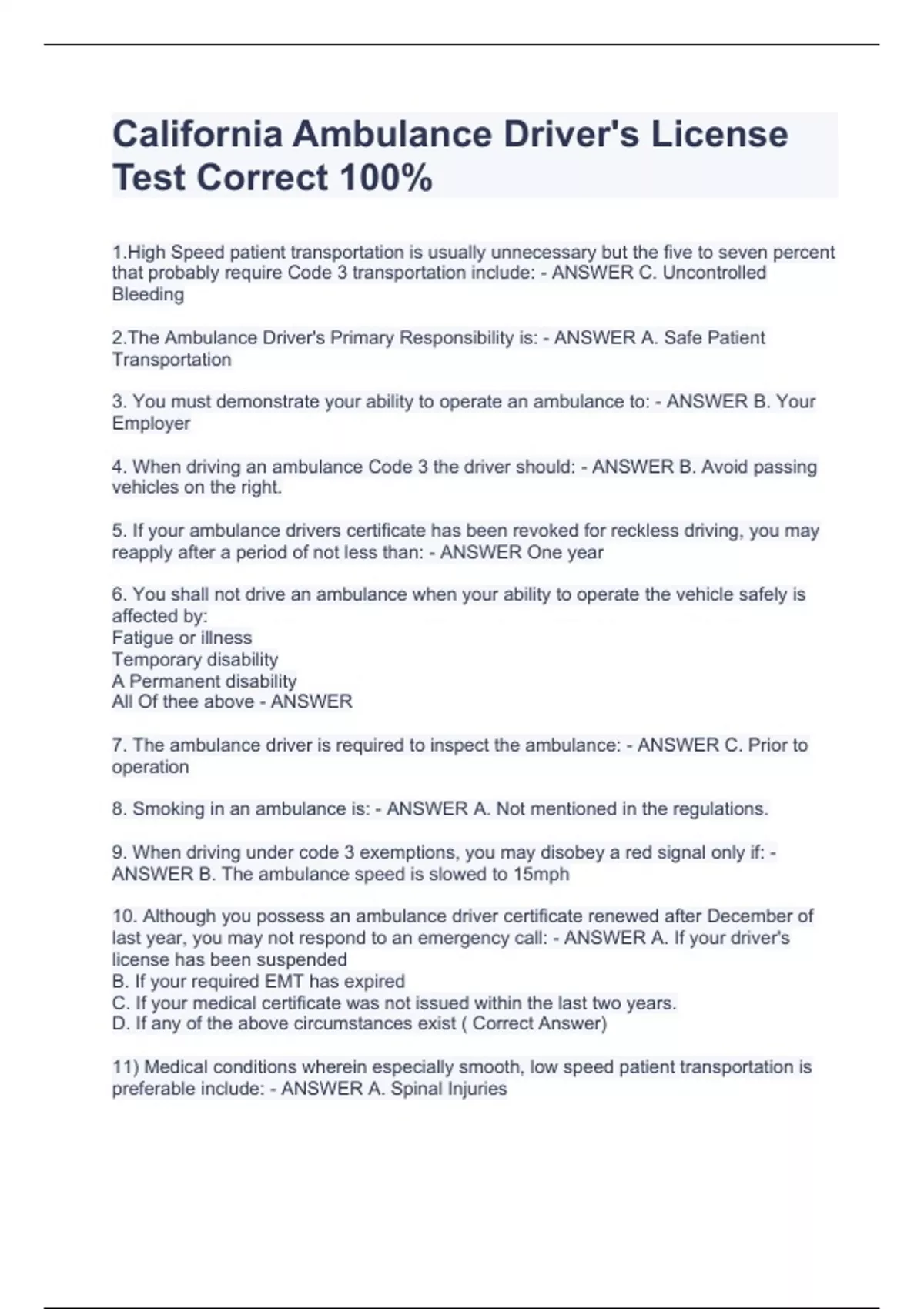 California Ambulance Driver's License Test Correct 100% - California ...