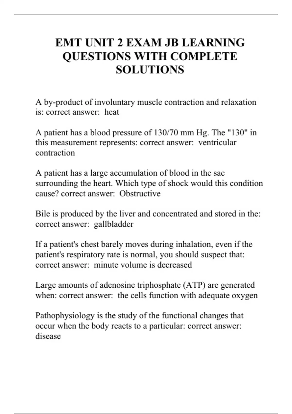 EMT UNIT 2 EXAM JB LEARNING QUESTIONS WITH COMPLETE SOLUTIONS - EMT JB LEARNING - Stuvia US
