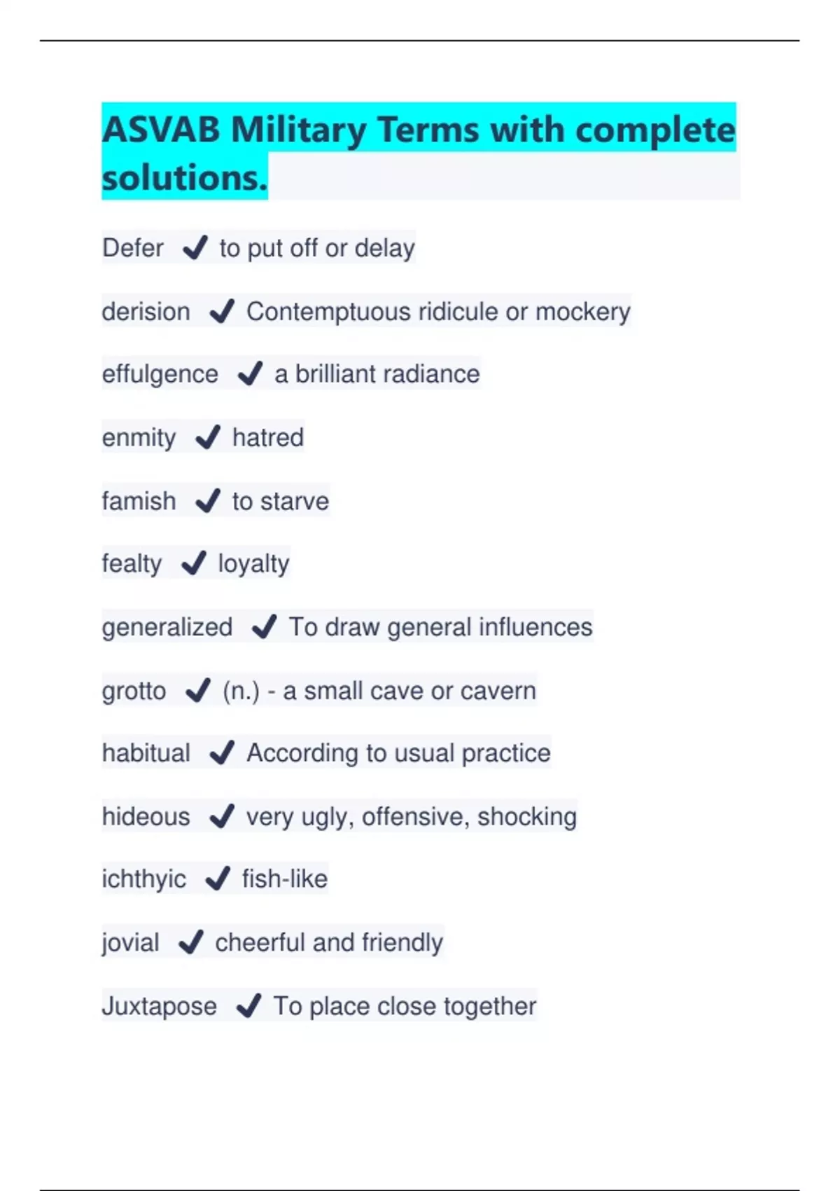 ASVAB Military Terms with complete solutions | updated 2023/2024 ...