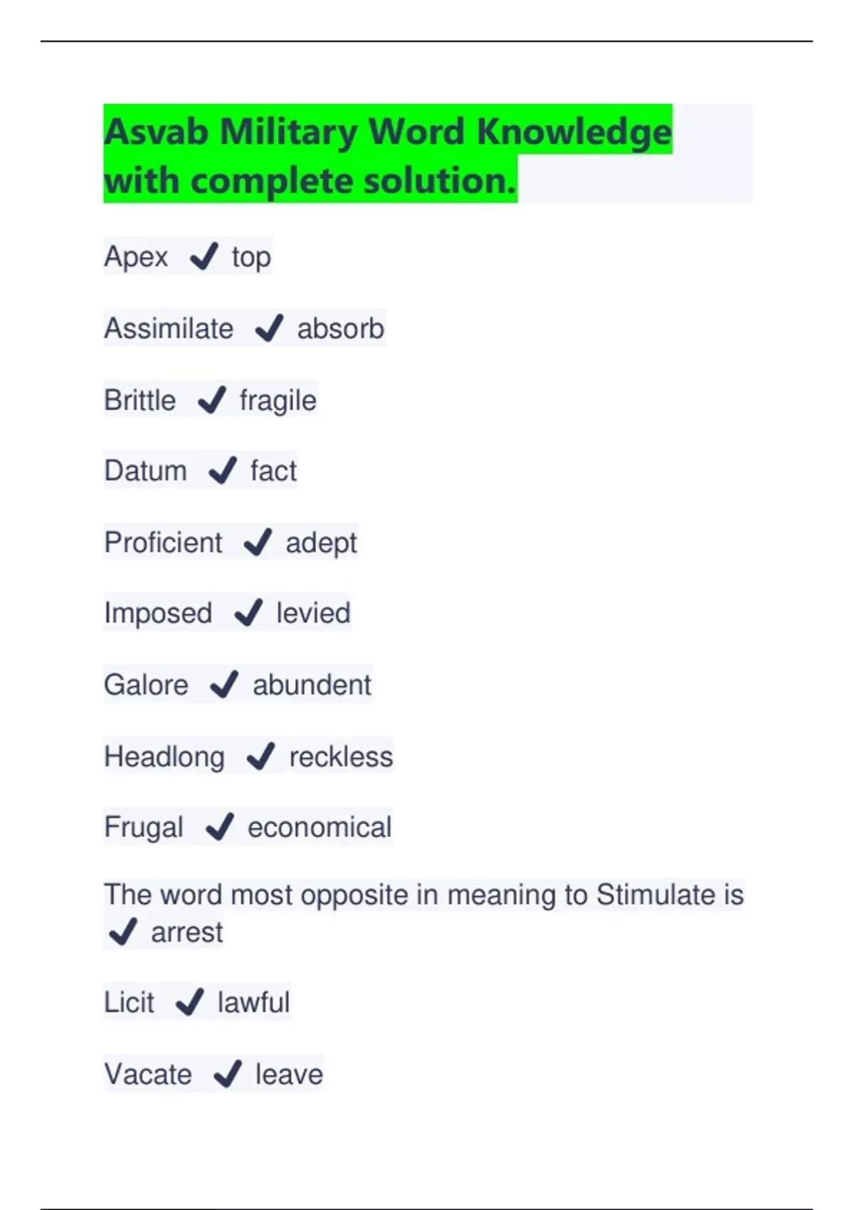 Asvab Military Word Knowledge with complete solutions | Updated 2023/ ...