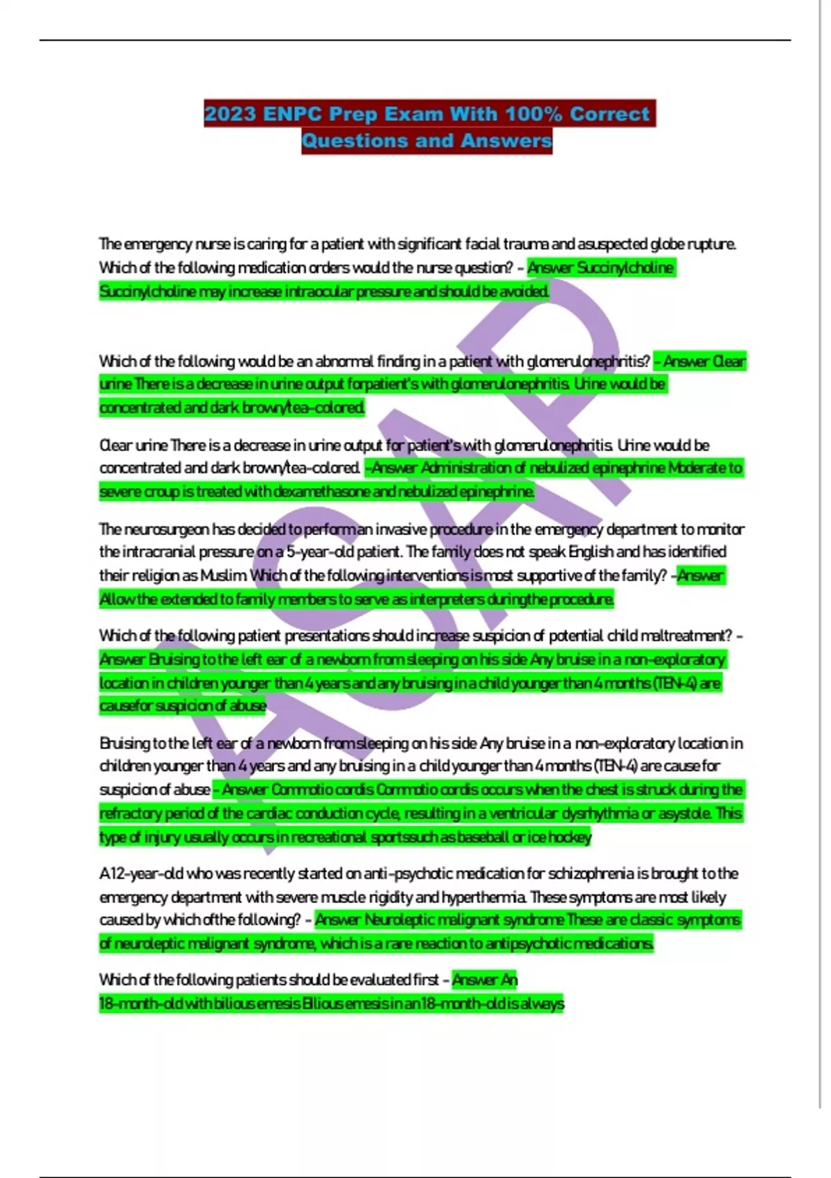 2023 ENPC Prep Exam With 100% Correct Questions and Answers - 2023 ENPC ...