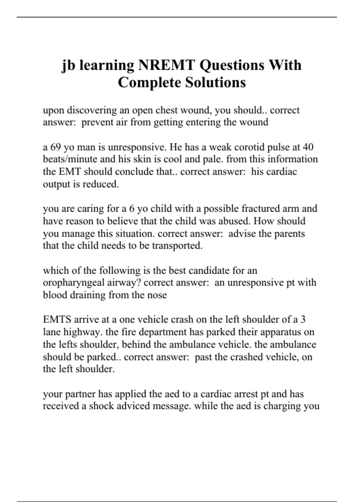 jb learning NREMT Questions With Complete Solutions - Jb learning NREMT ...
