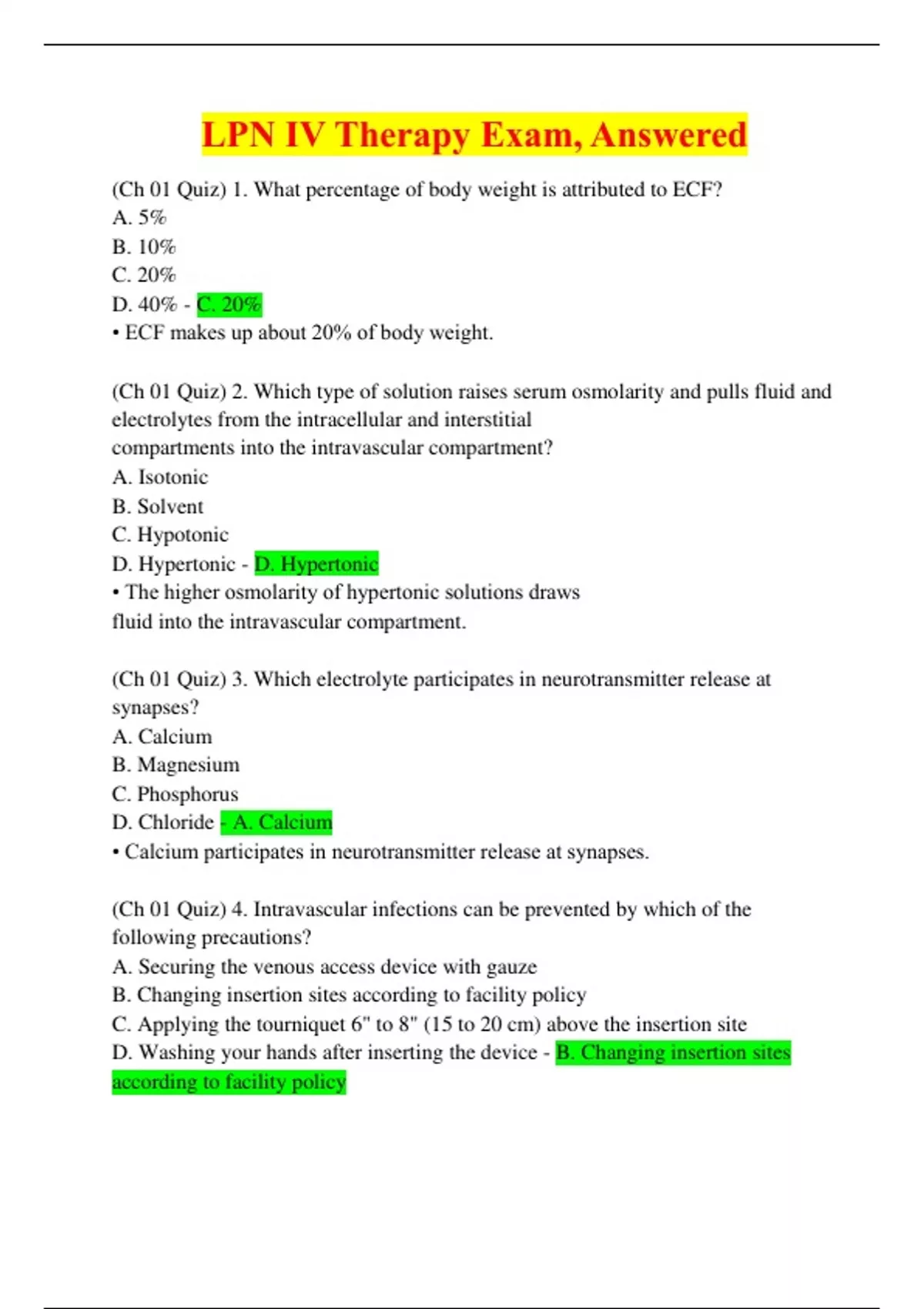 LPN IV Therapy Exam WITH COMPLETE BSOLUTIONS RATED A+ 2023|2024 UPDATE ...