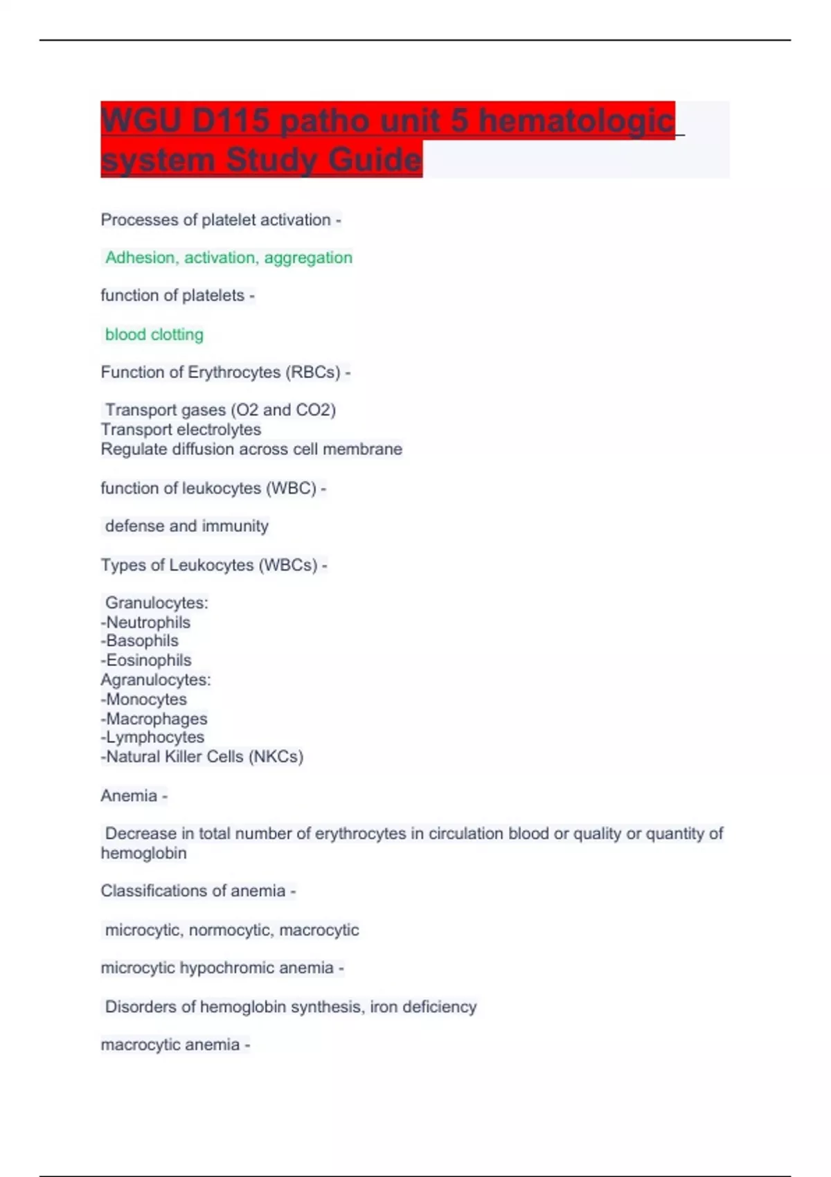 WGU D115 patho unit 5 hematologic system Study Guide. - WGU D115 ...