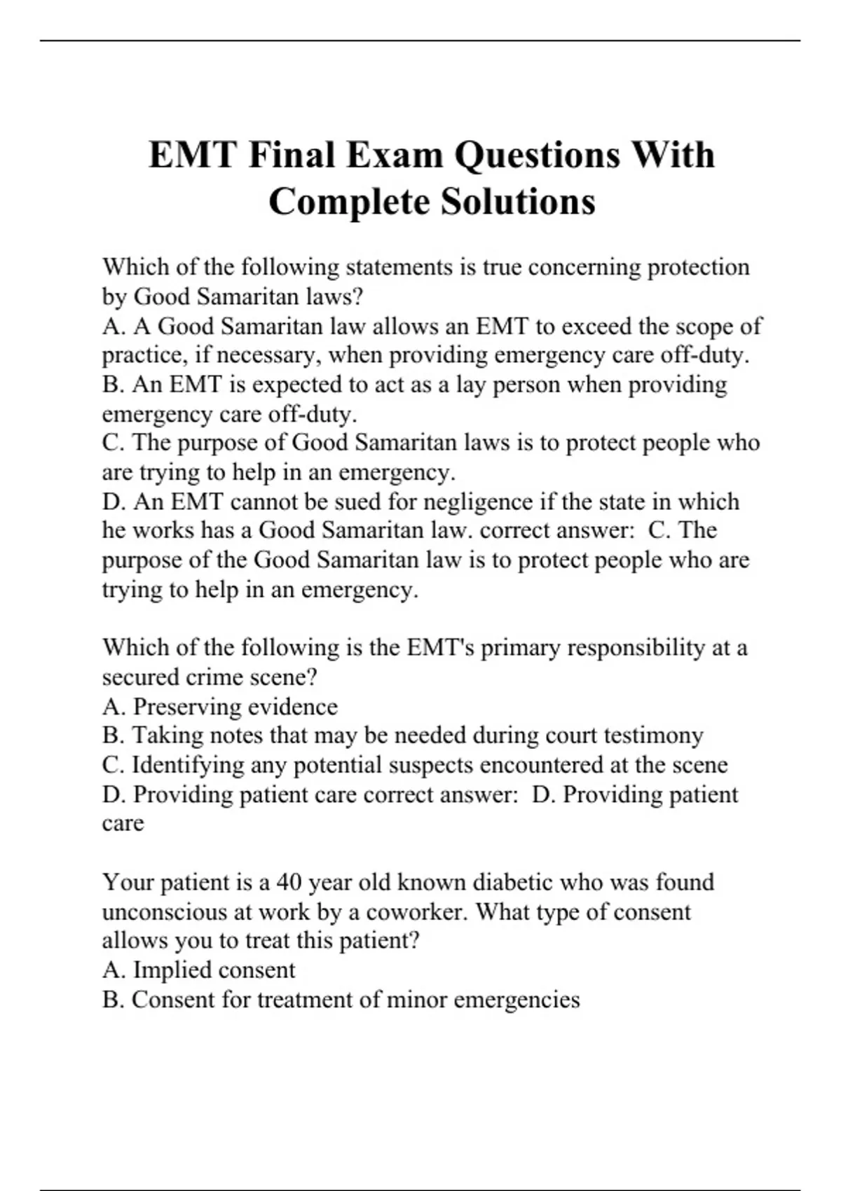 EMT Final Exam Questions With Complete Solutions - EMT - Stuvia US