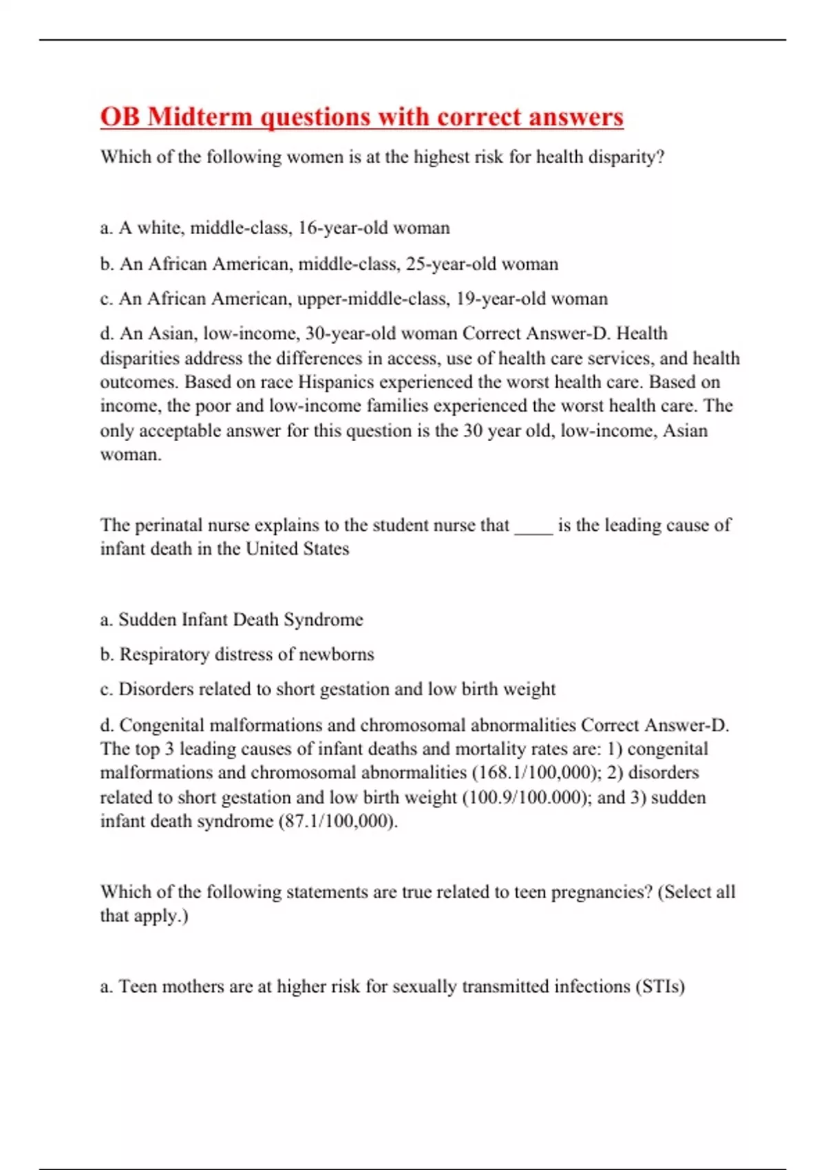 OB Midterm questions with correct answers - OB women health - Stuvia US