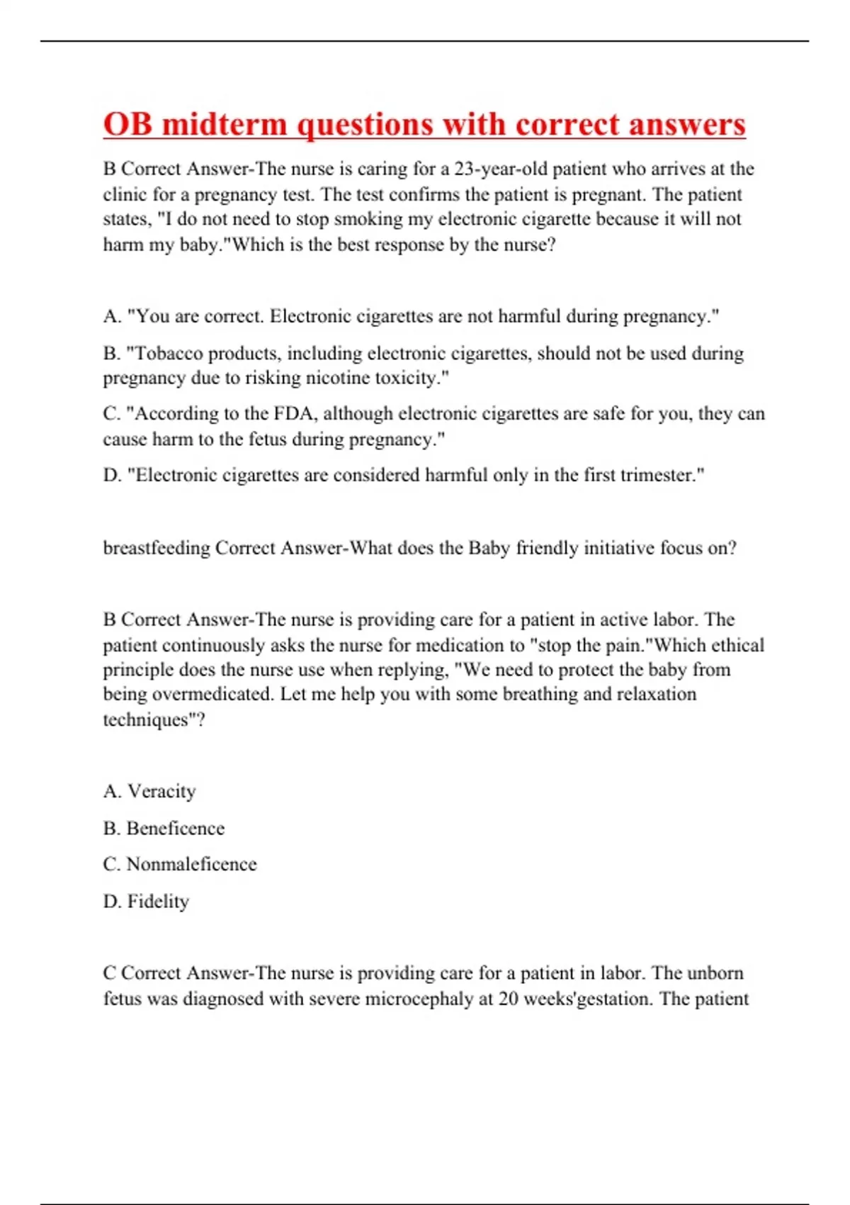 OB midterm questions with correct answers - OB women health - Stuvia US