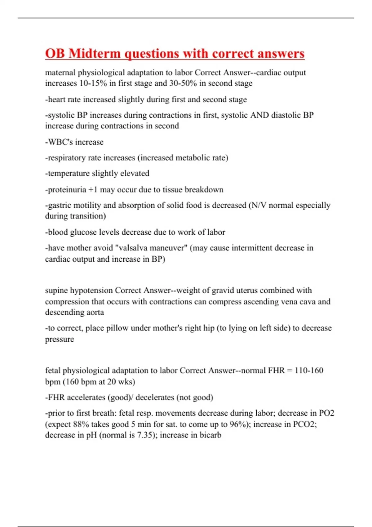 OB Midterm questions with correct answers - OB women health - Stuvia US