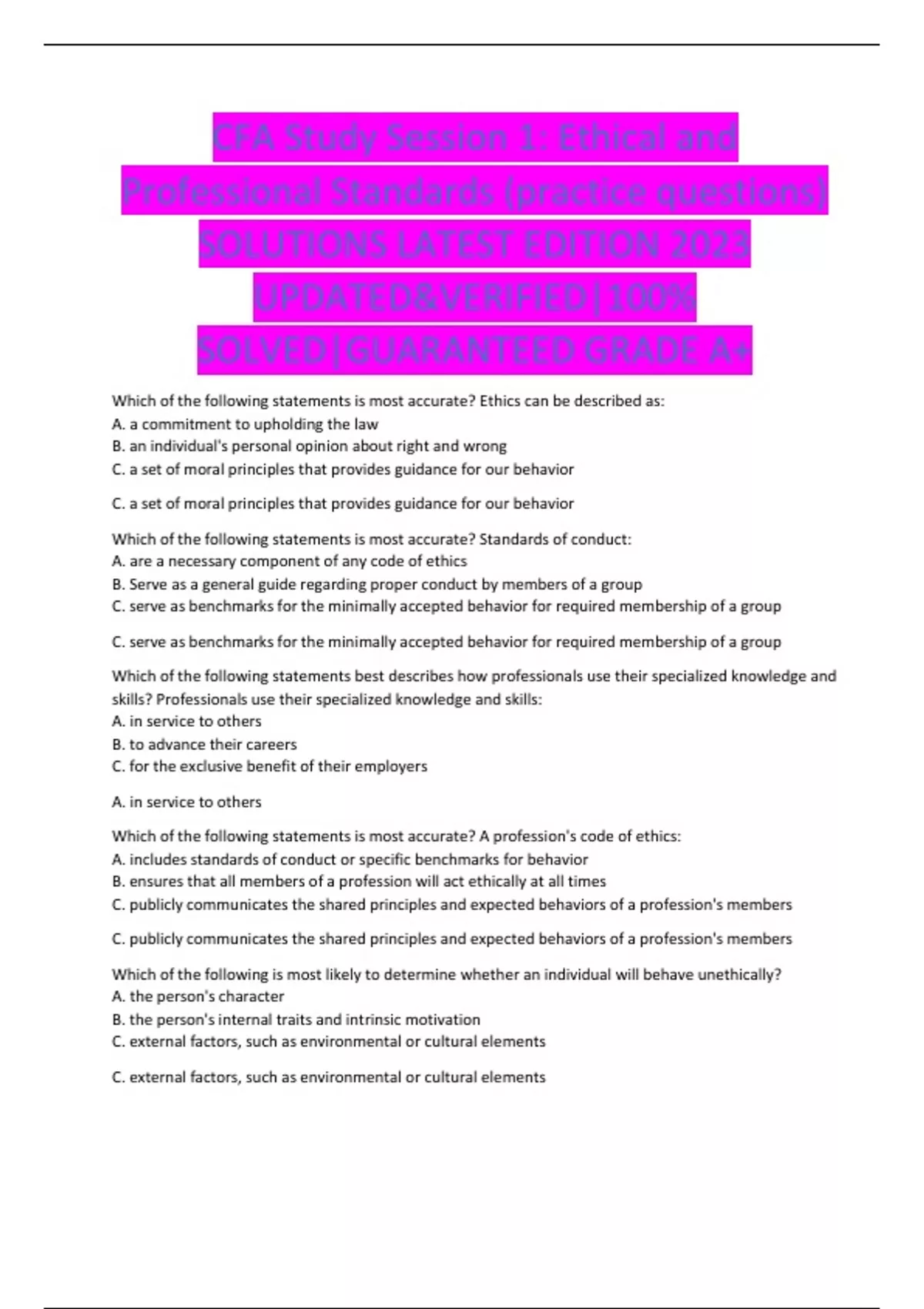 CFA Study Session 1: Ethical and Professional Standards (practice ...