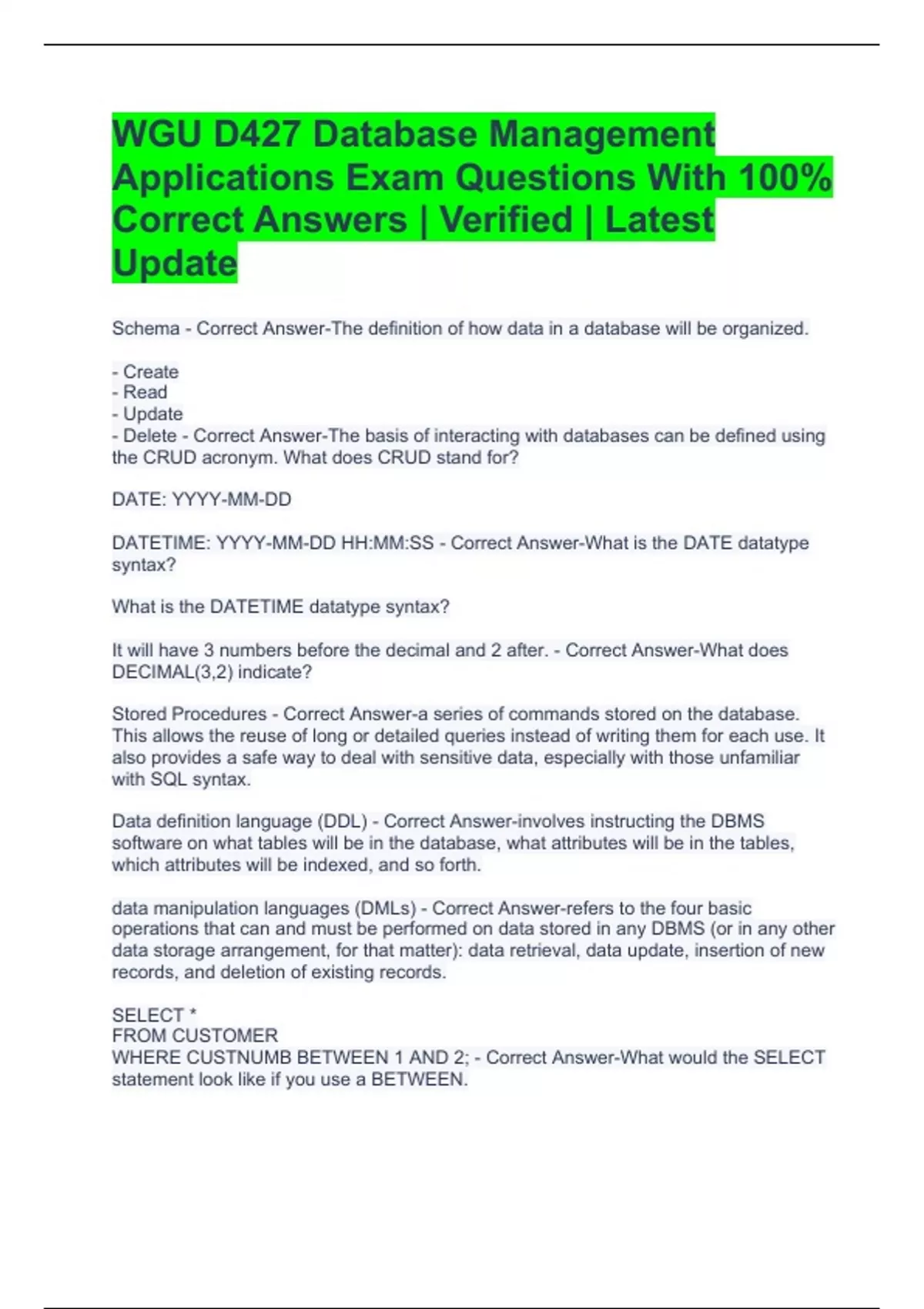 WGU D427 Database Management Applications Exam Questions With 100% ...