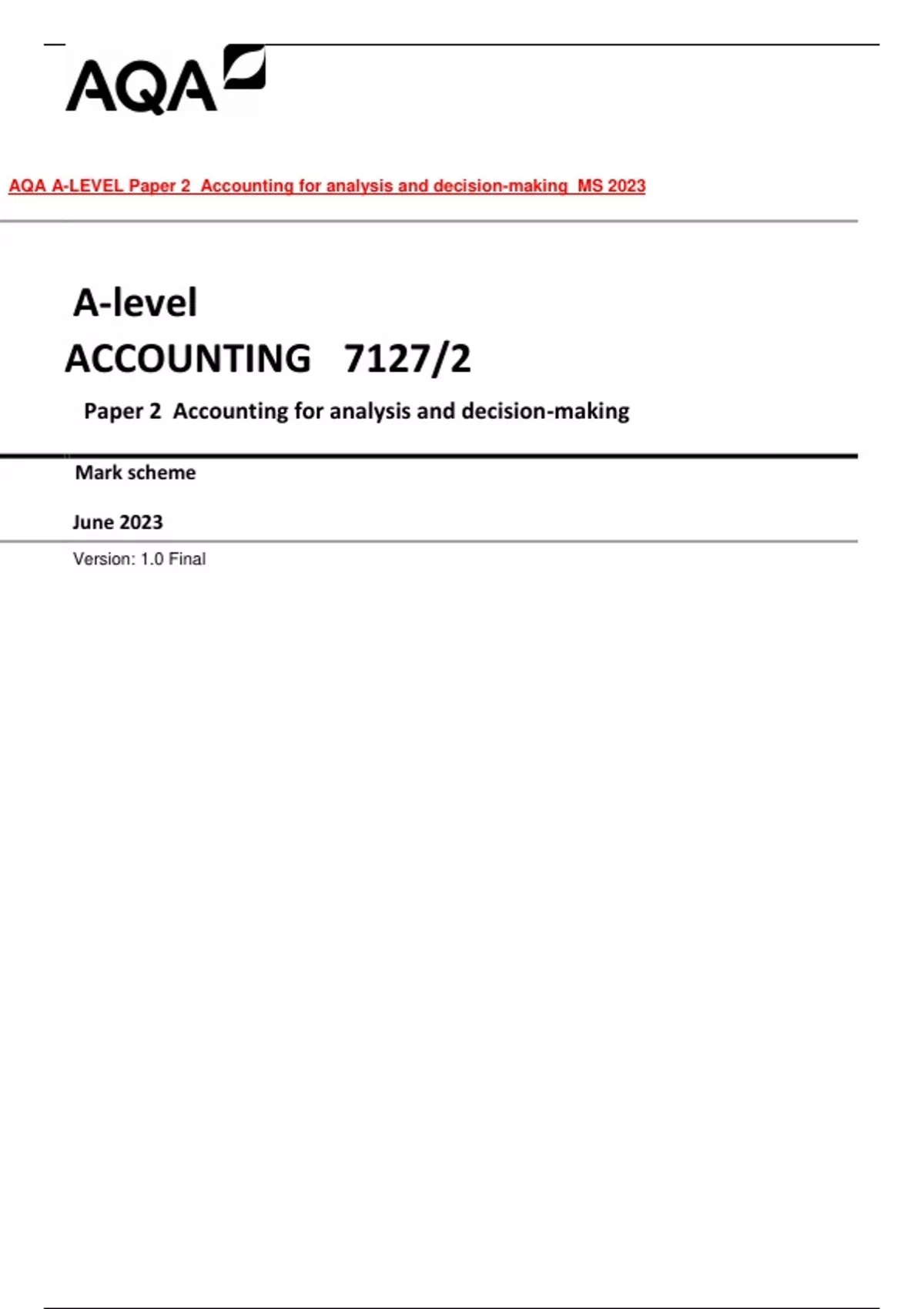 AQA A-LEVEL Paper 2 Accounting for analysis and decision-making MS 2023 ...