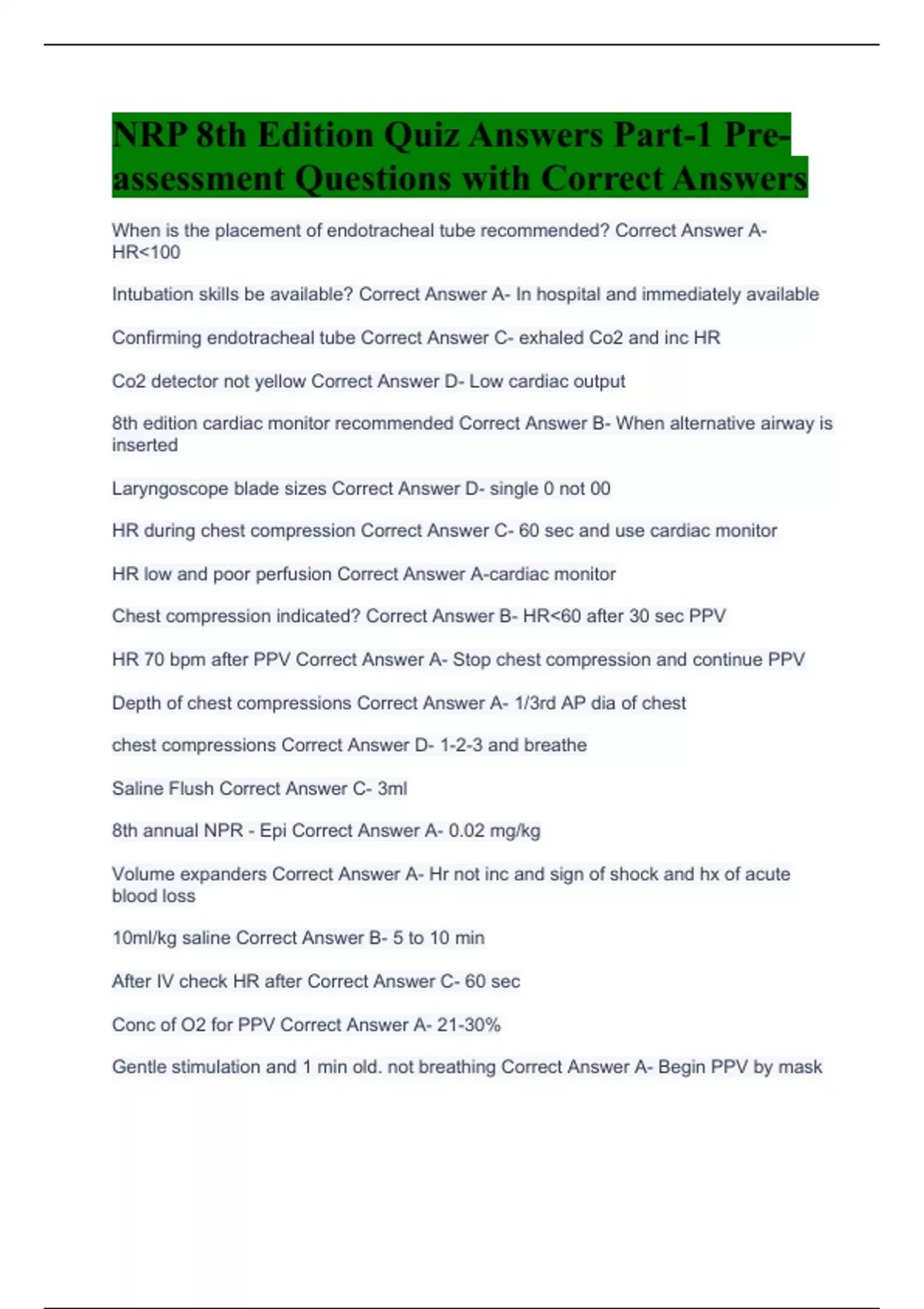NRP 8th Edition Quiz Answers Part-1 Pre-assessment Questions with ...