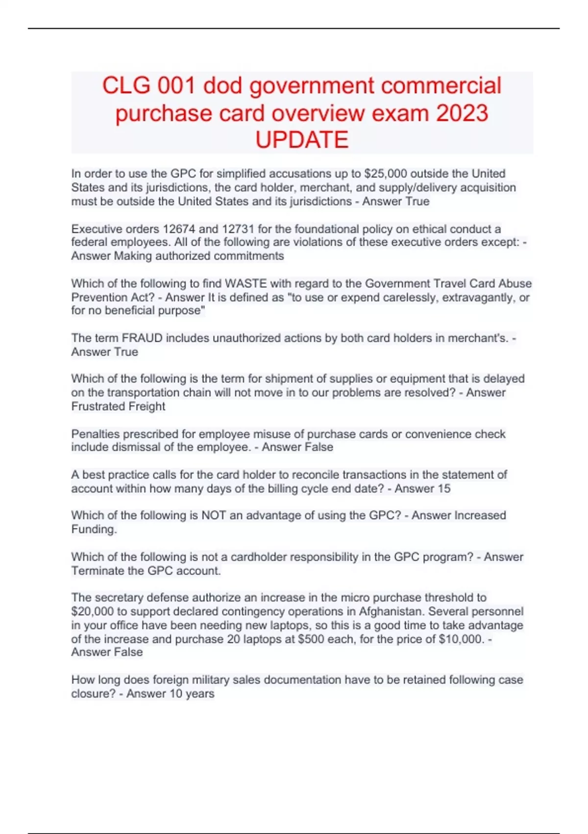 CLG 001 dod government commercial purchase card overview exam 2023 UPDATE - CLG 001 - Stuvia US