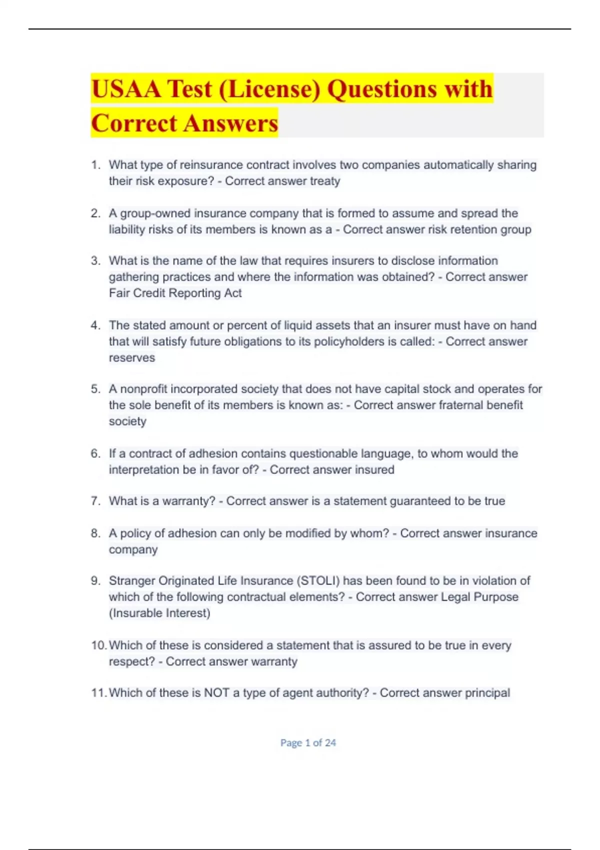 USAA Test (License) Questions with Correct Answers - USAA - Stuvia US