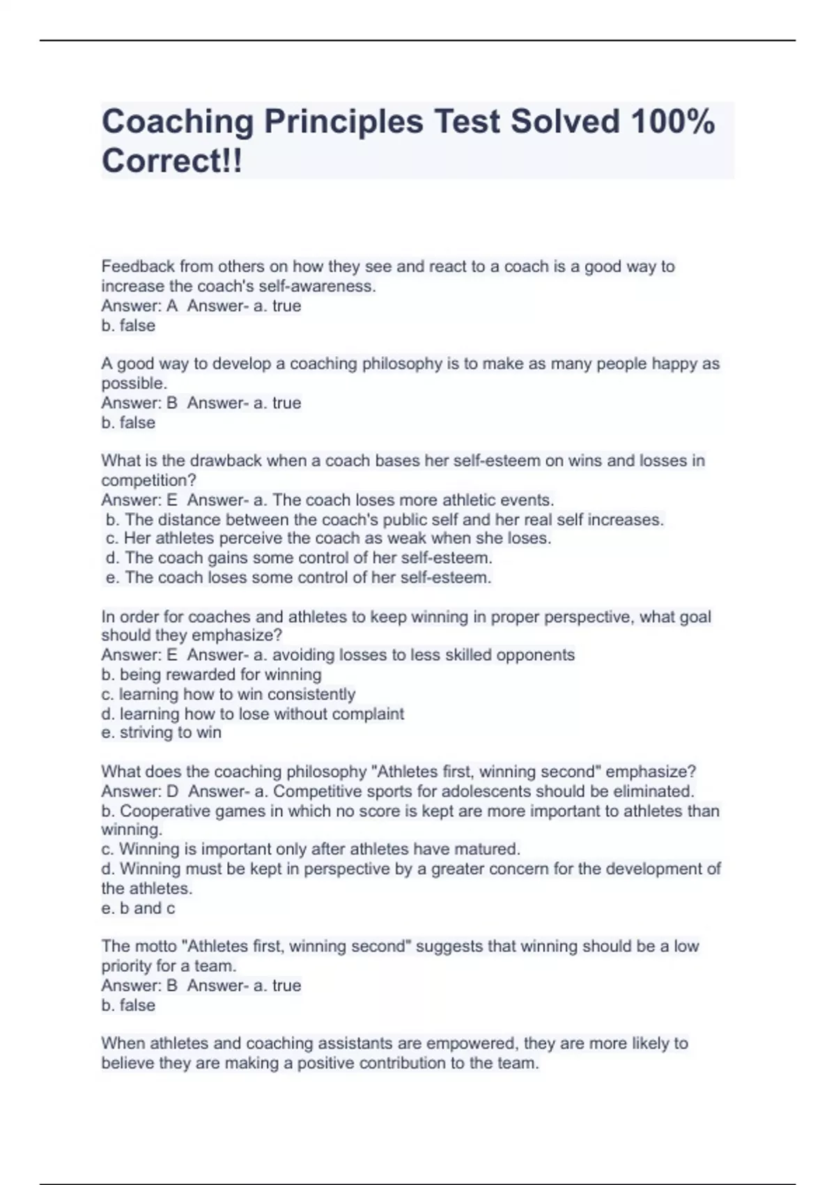Coaching Principles Test Solved 100% Correct!! - Coaching Principles ...