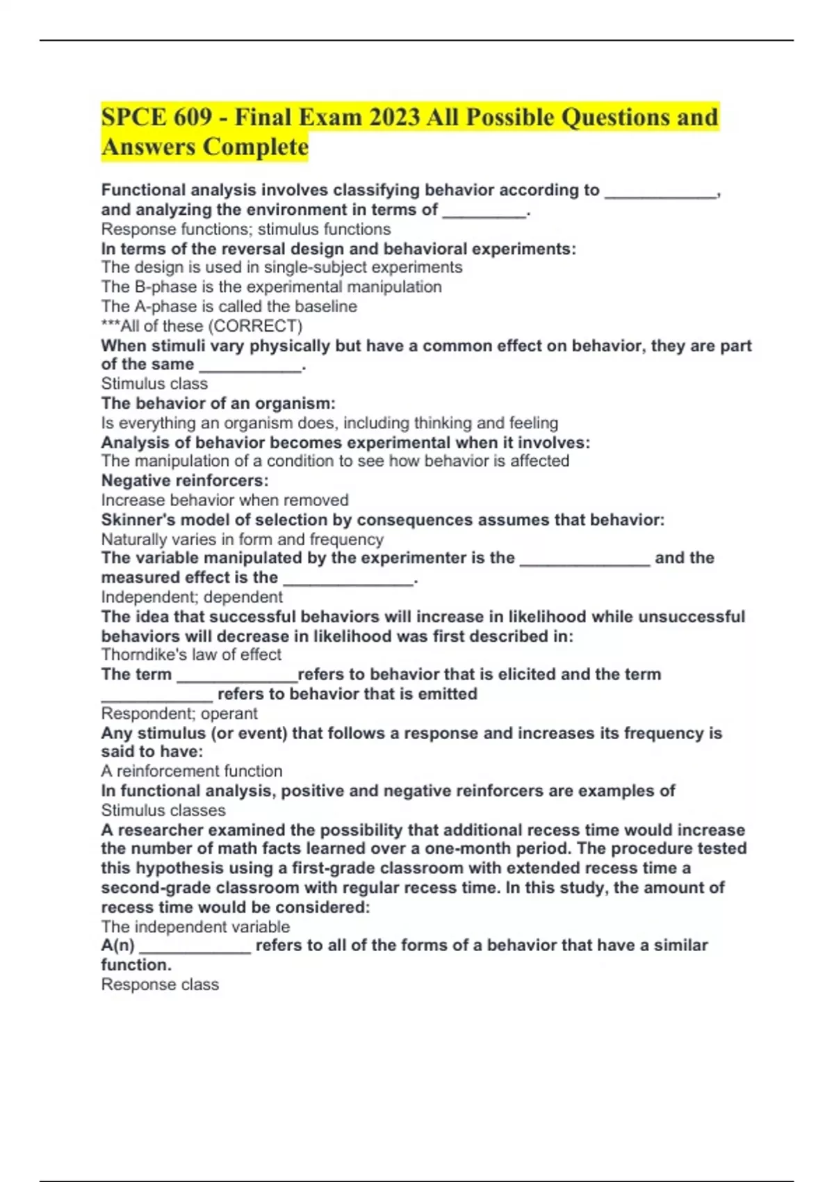 SPCE 609 - Final Exam 2023 All Possible Questions and Answers Complete ...