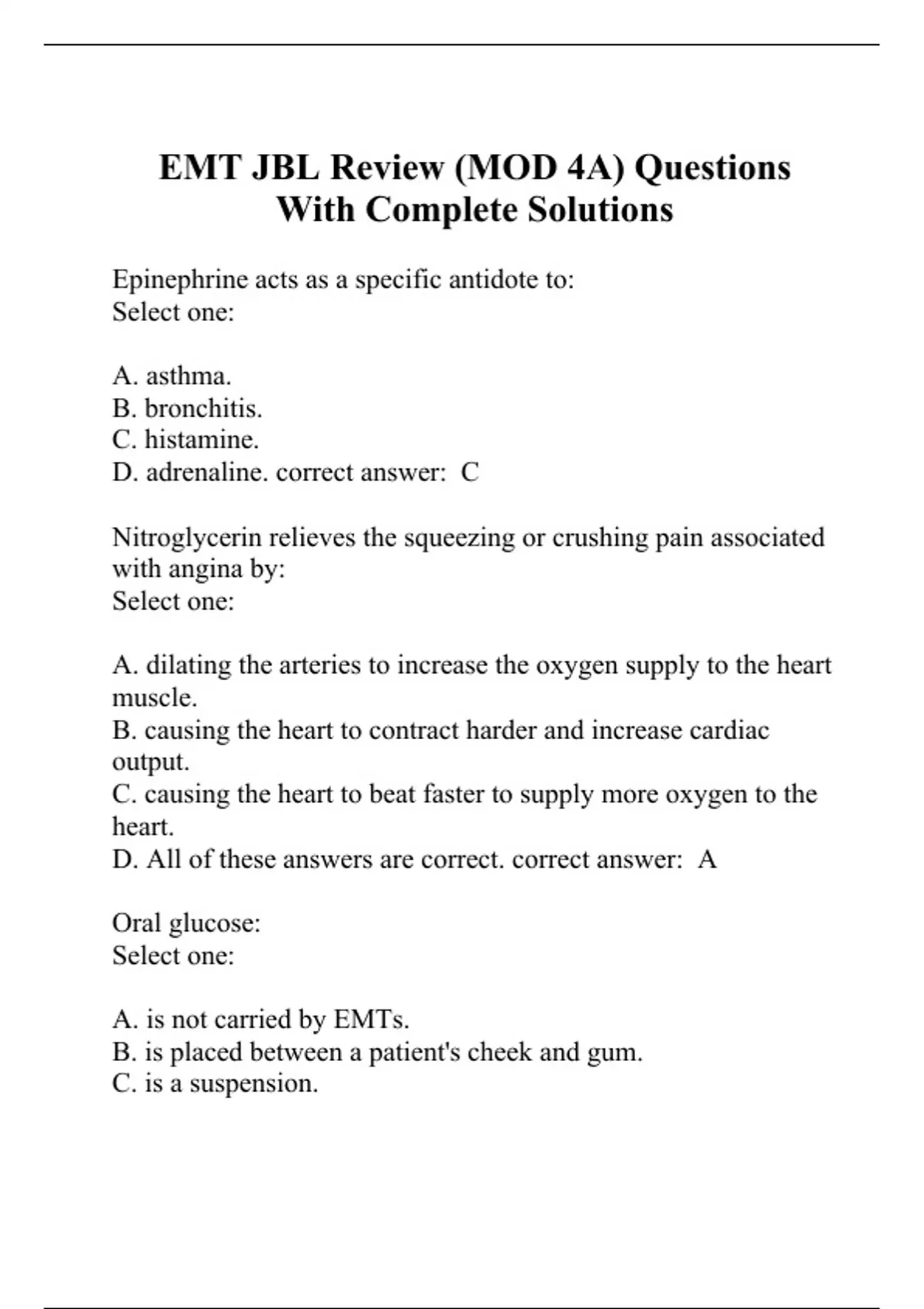 EMT JBL Review (MOD 4A) Questions With Complete Solutions - EMT - Stuvia US