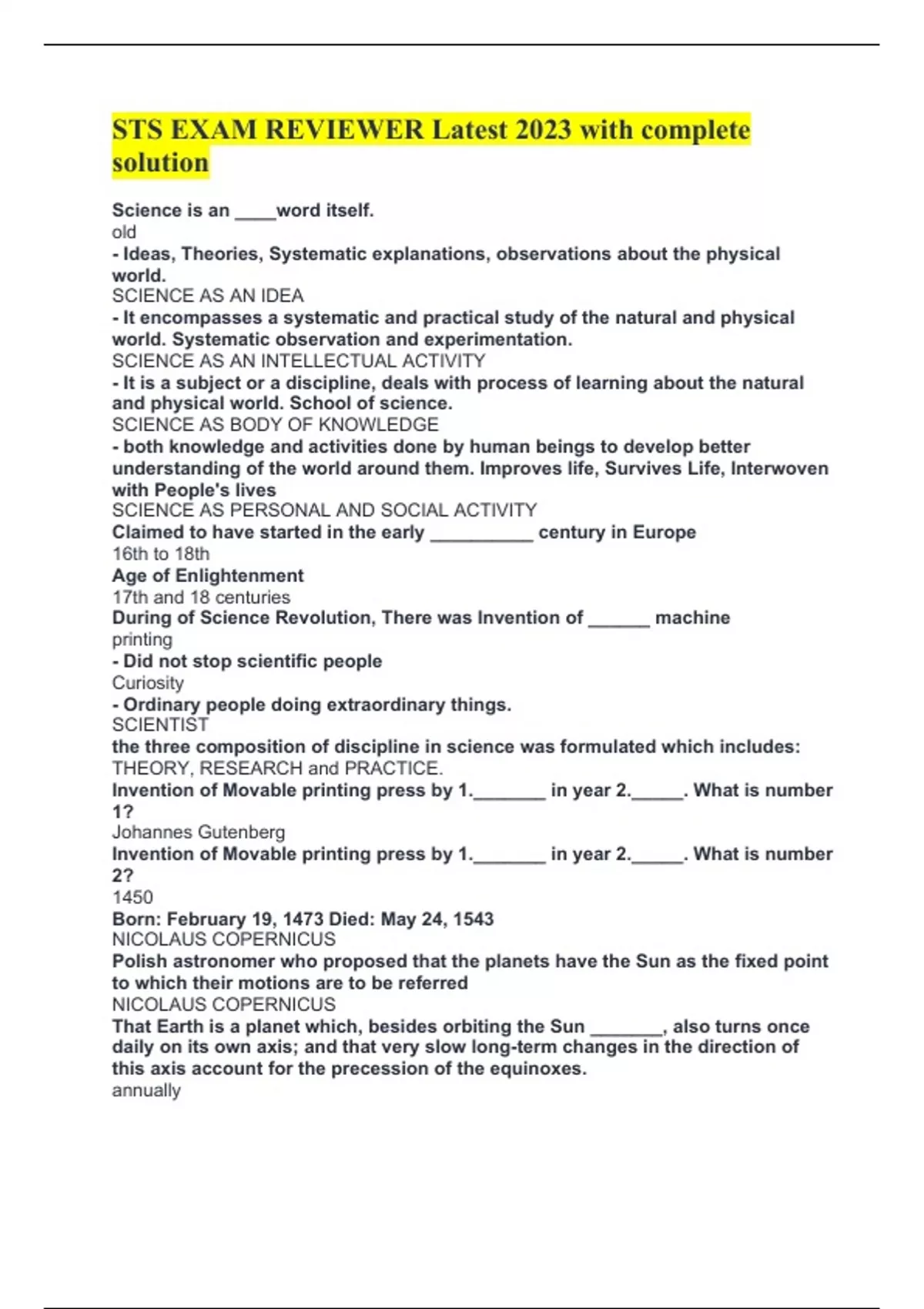 STS EXAM REVIEWER Latest 2023 with complete solution - STS - Stuvia US