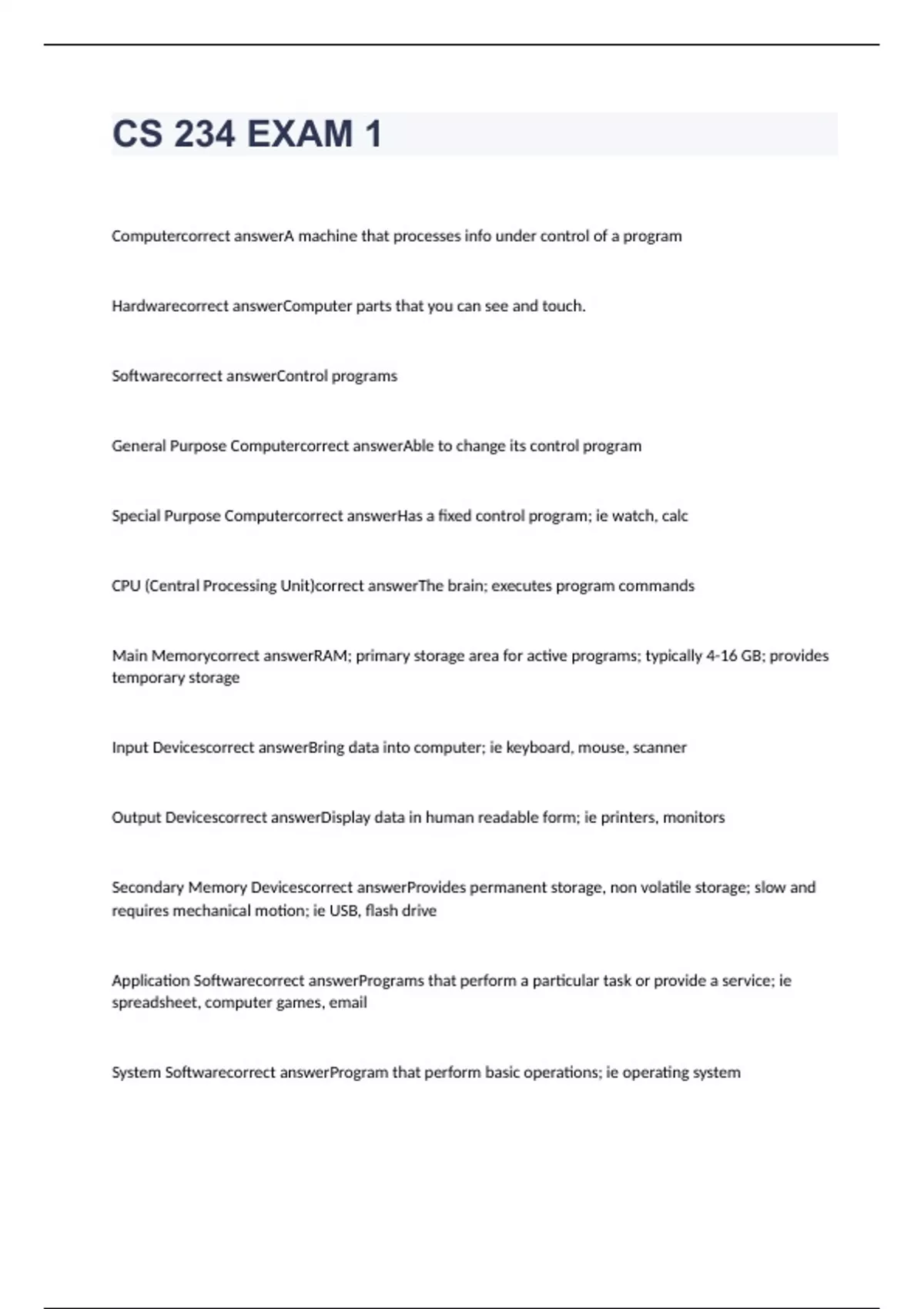 CS 234 EXAM 1 questions with correct answers - CS 234 - Stuvia US