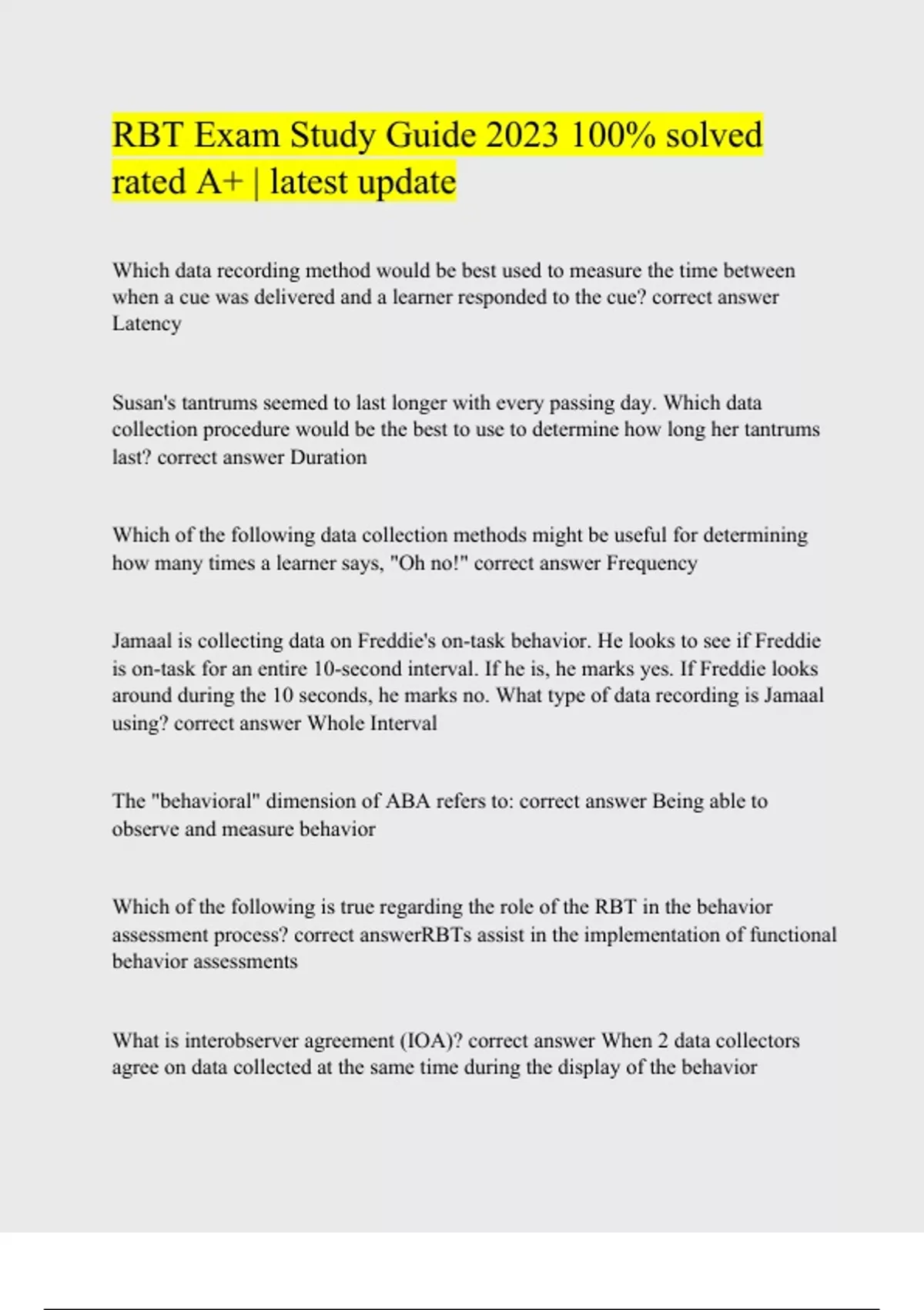 RBT Exam Study Guide 2023 100% solved rated A+ latest update - RBT ...