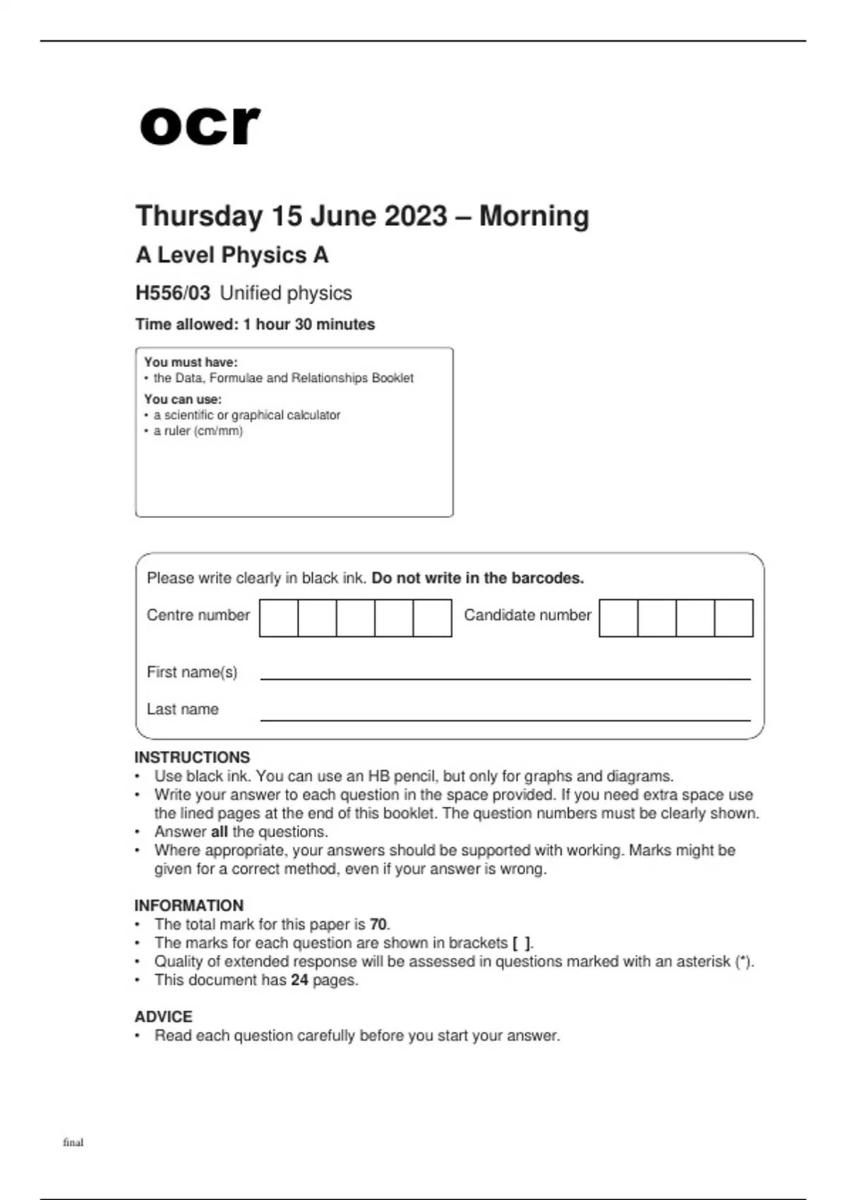 ocr A Level Physics A H556/03 Question Paper and Mark Scheme June2023 ...
